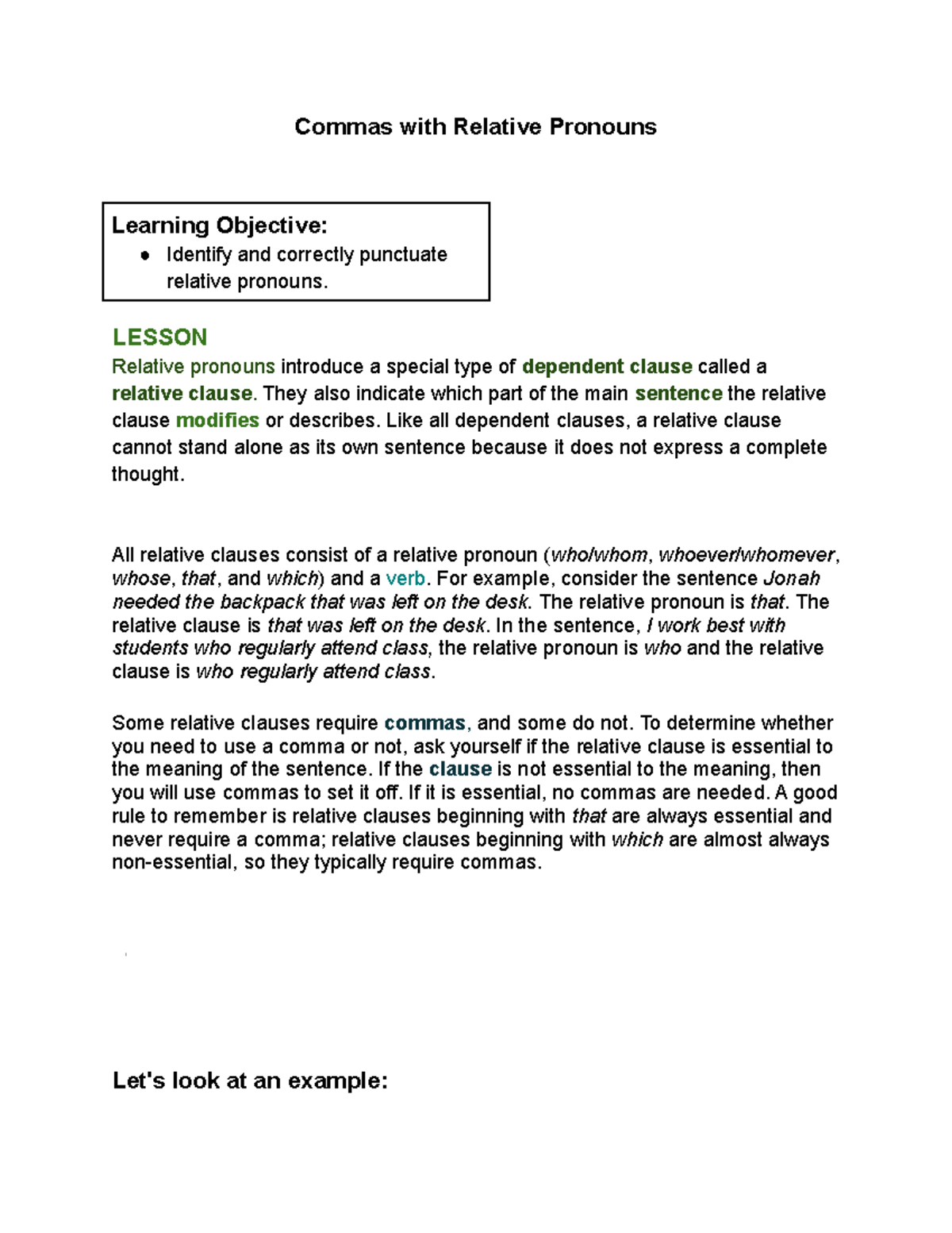 Commas with Relative Pronouns - Commas with Relative Pronouns Learning ...