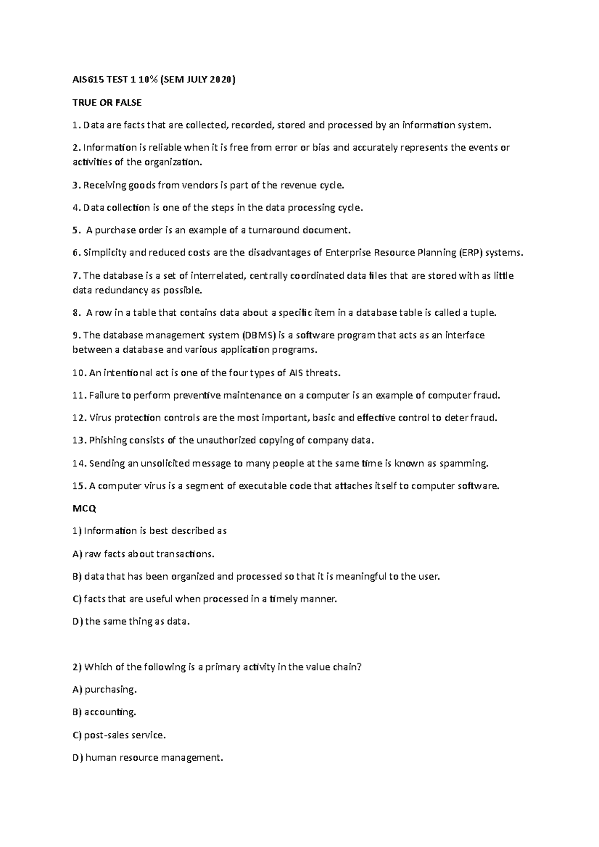 AIS615 TEST 1 10% (JULY 2020) - AIS615 TEST 1 10% (SEM JULY 2020) TRUE ...