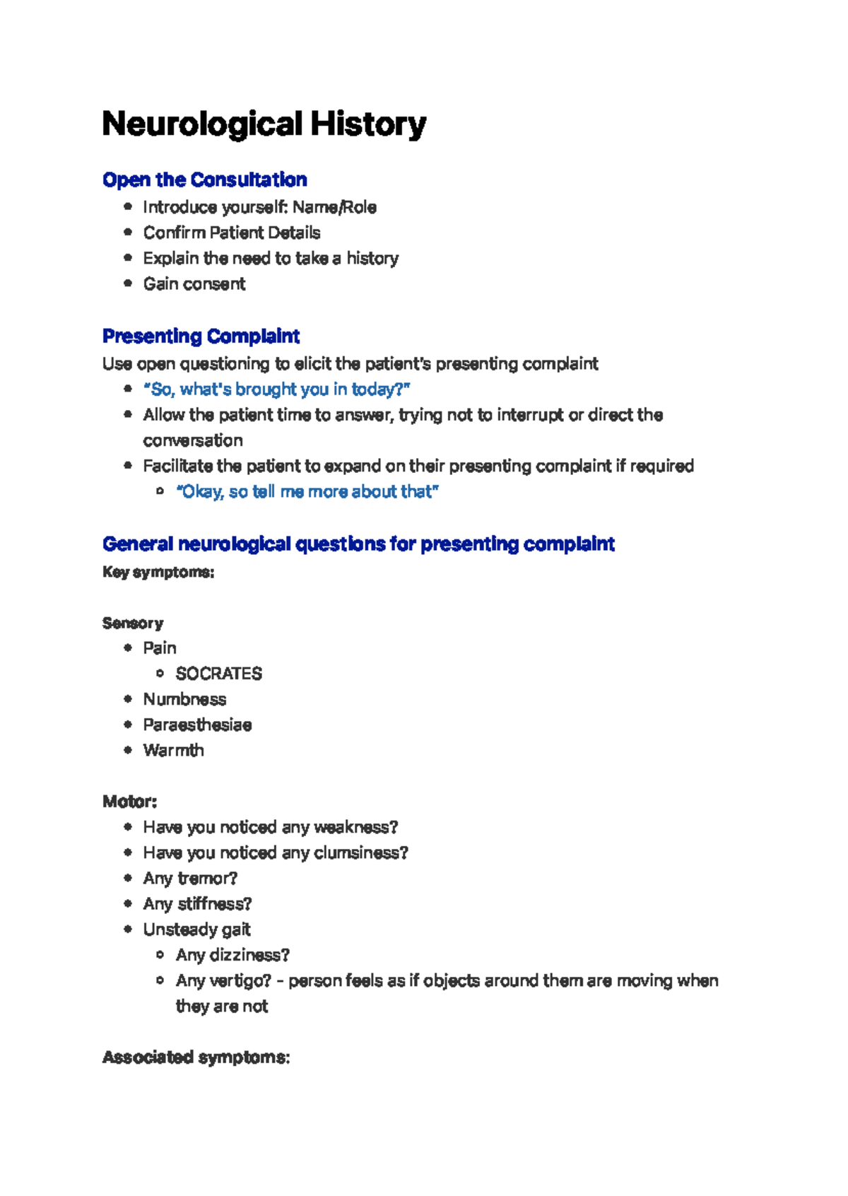 Neurological History - N e u ro l o g i c a l H i s to r y Open the ...