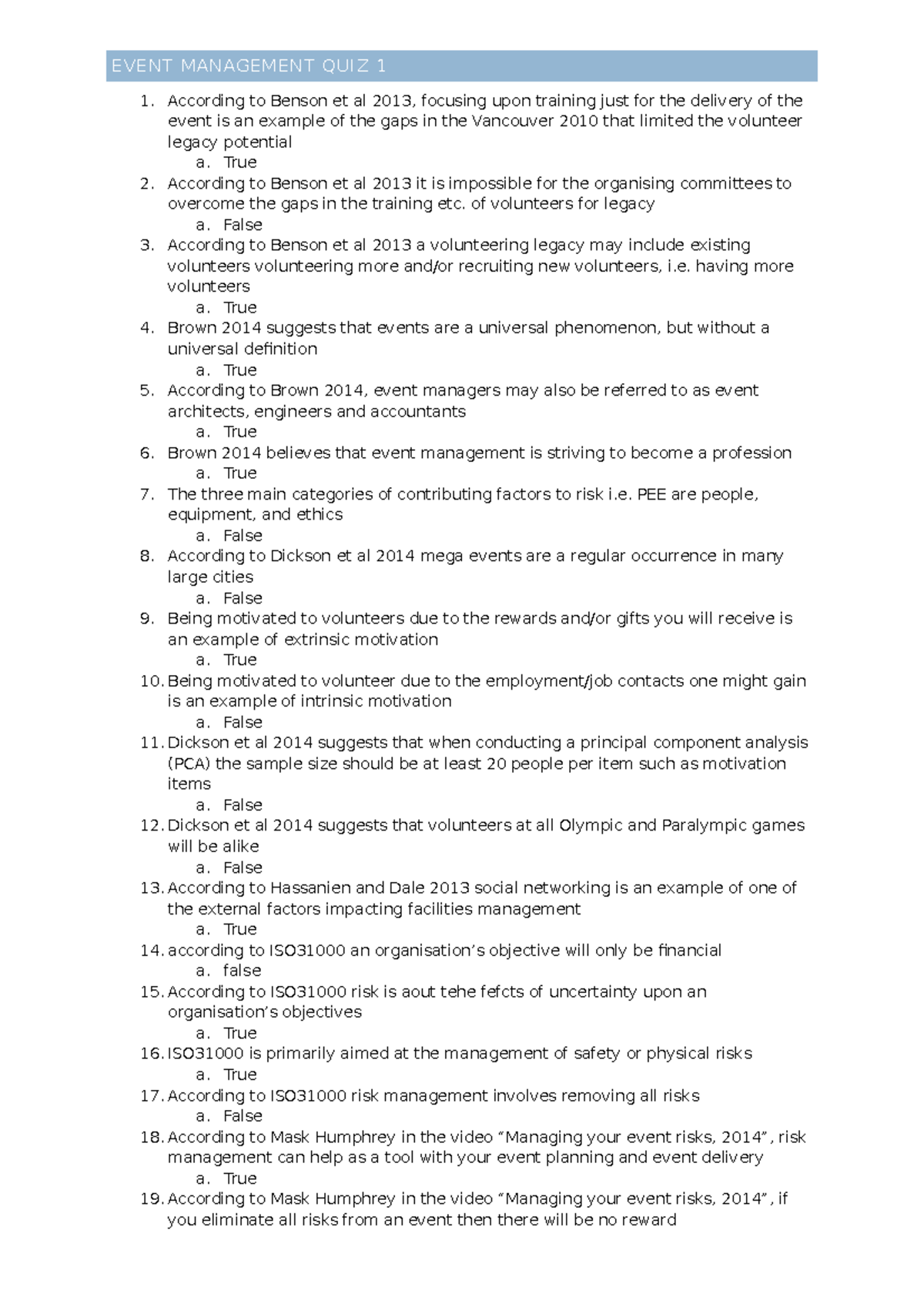 EM QUIZ 1 - Quiz 1 for event management. Topics 1 to 3. - EVENT ...
