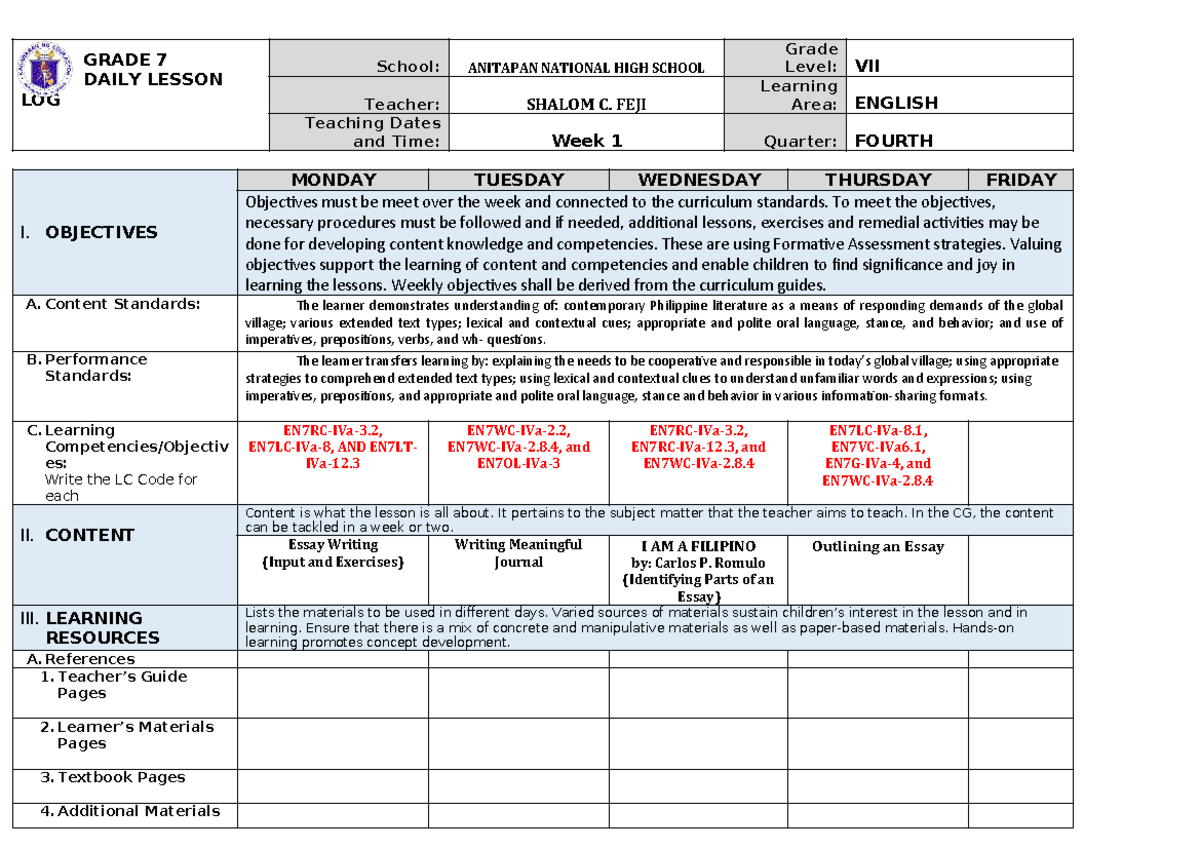 CURRICULUMNGUIDE - GRADE 7 DAILY LESSON LOG School: ANITAPAN NATIONAL ...