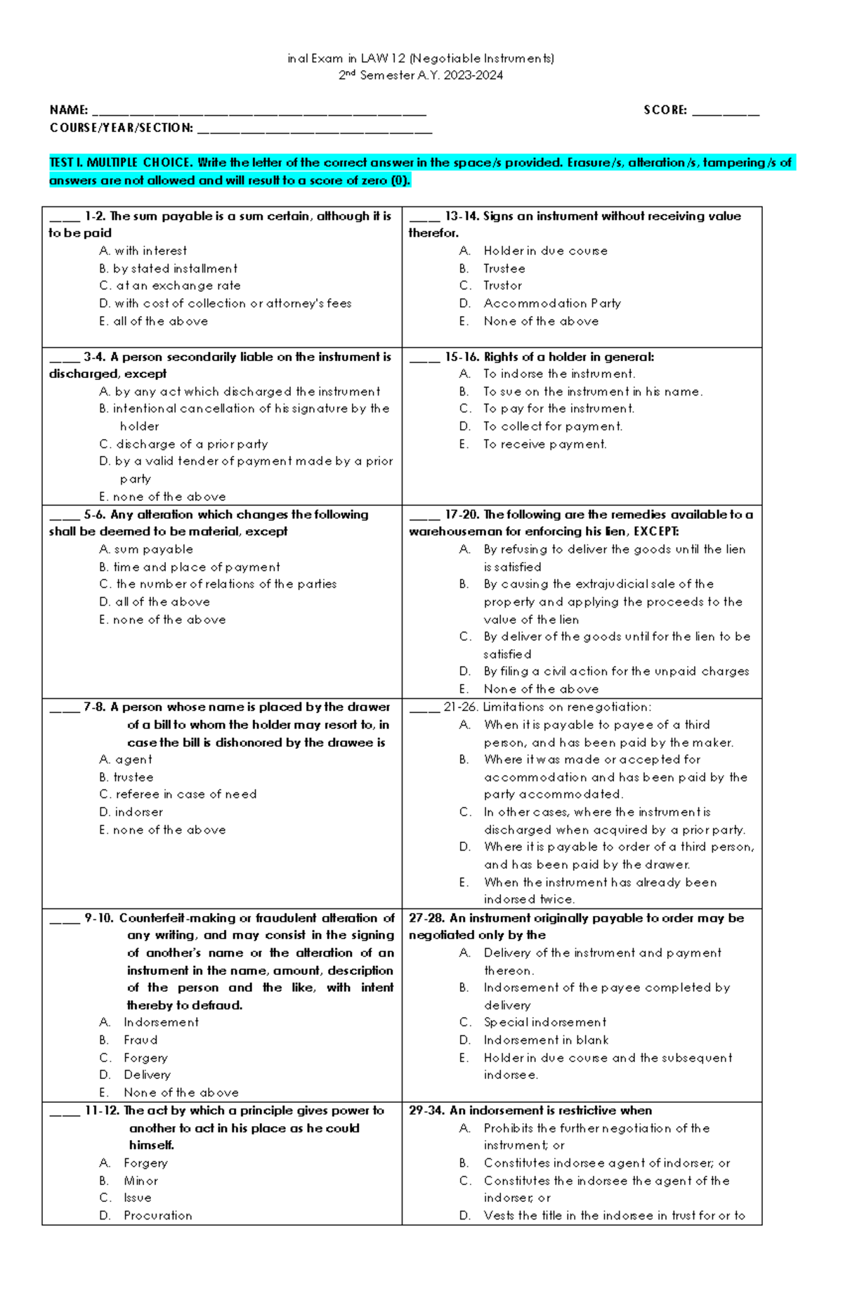 Final Exam in LAW 12 - inal Exam in LAW 12 (Negotiable Instruments) 2 ...