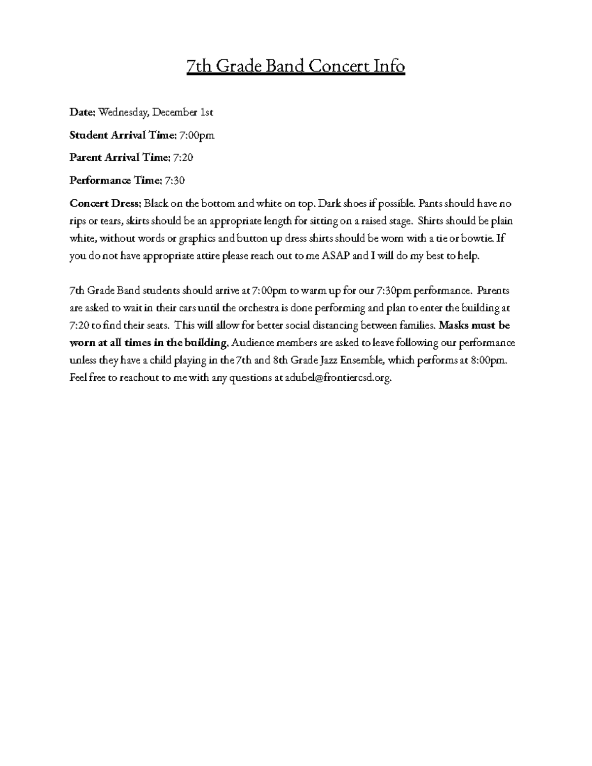 Concert Reminder - dddd - 7th Grade Band Concert Info Date: Wednesday ...