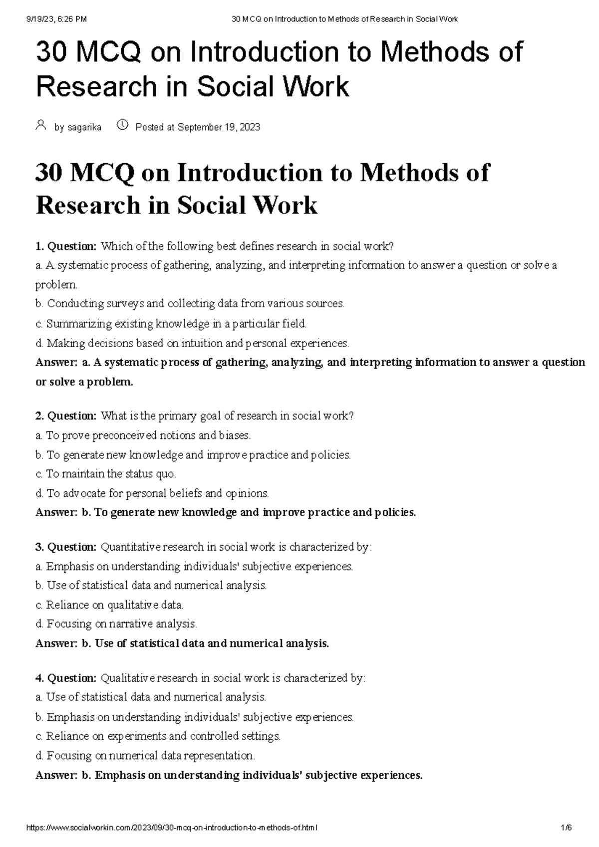 30 MCQ on Introduction to Methods of Research in Social Work - A ...