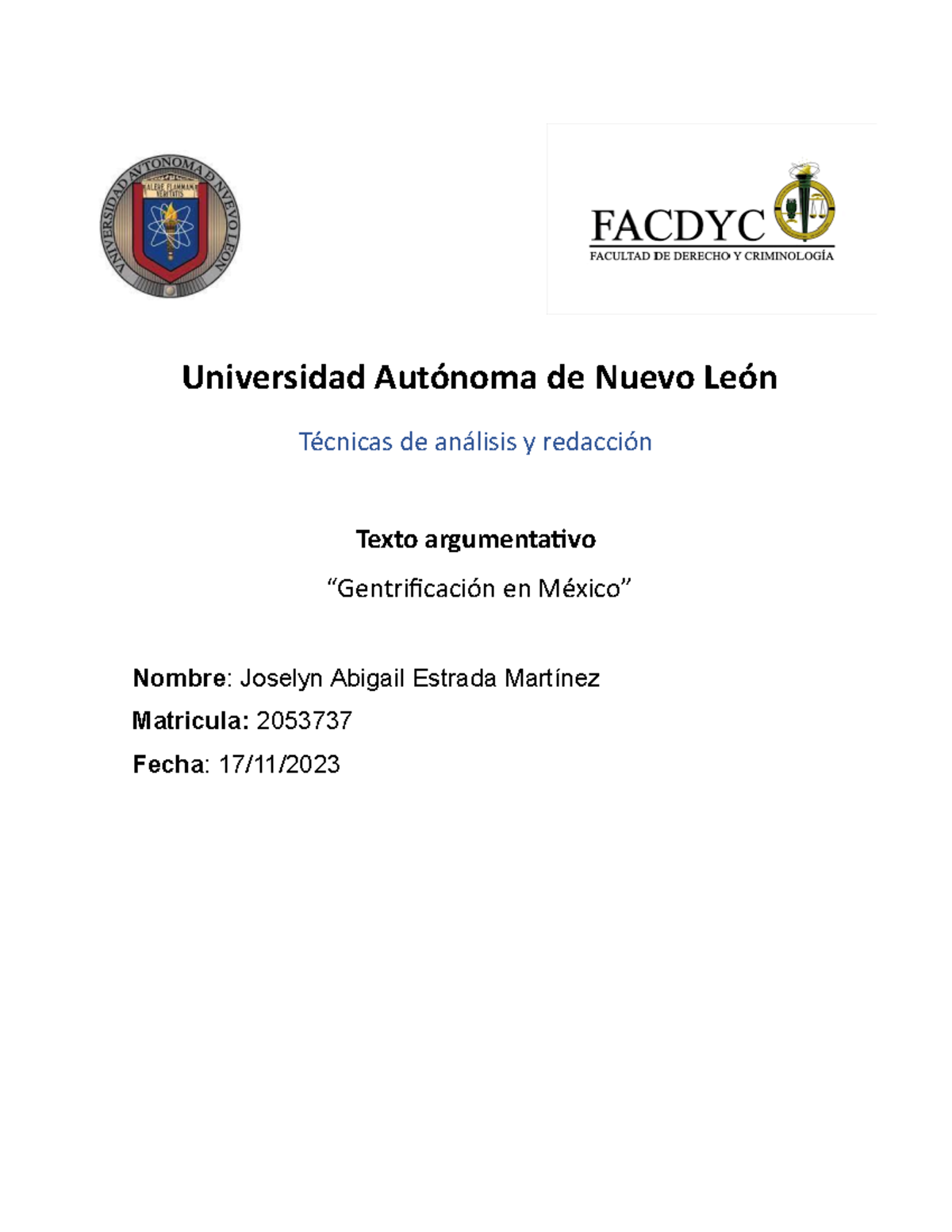 Texto argumentativo Gentrificación - Técnicas de análisis y redacción Texto argumentativo - Studocu