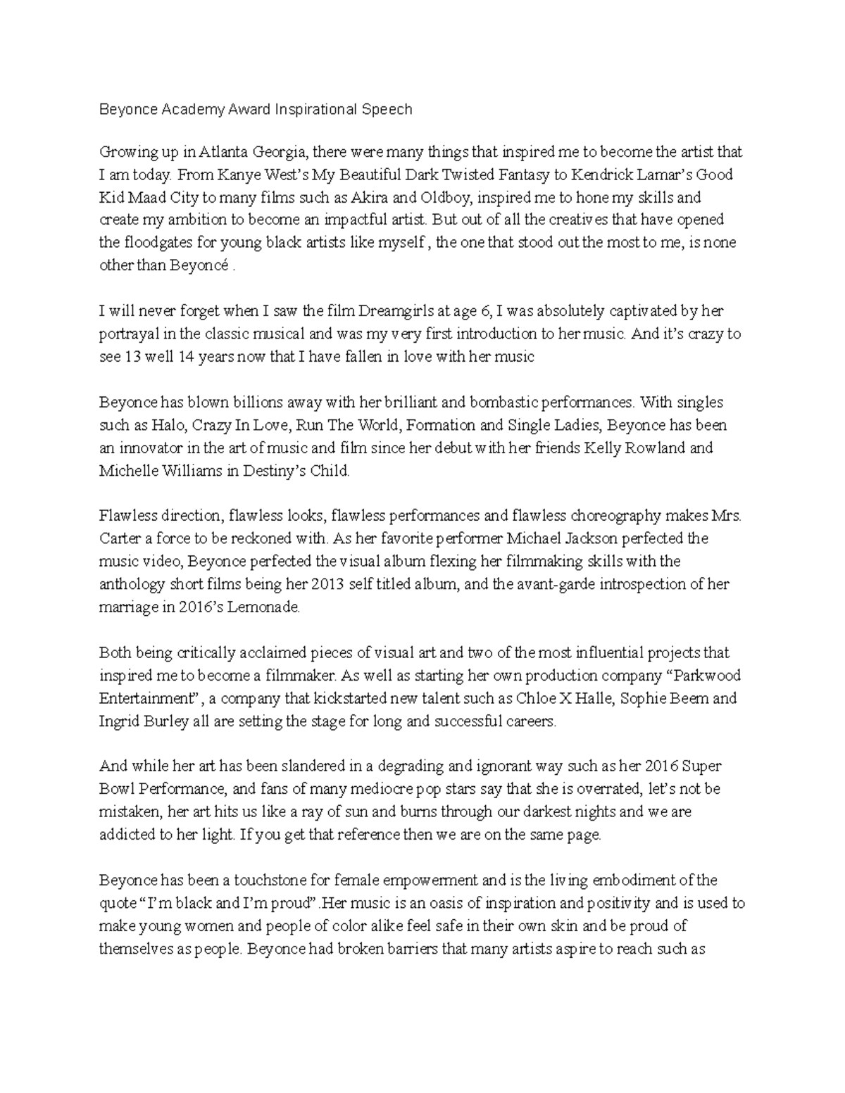 Inspirational Speech - Beyonce Academy Award Inspirational Speech ...