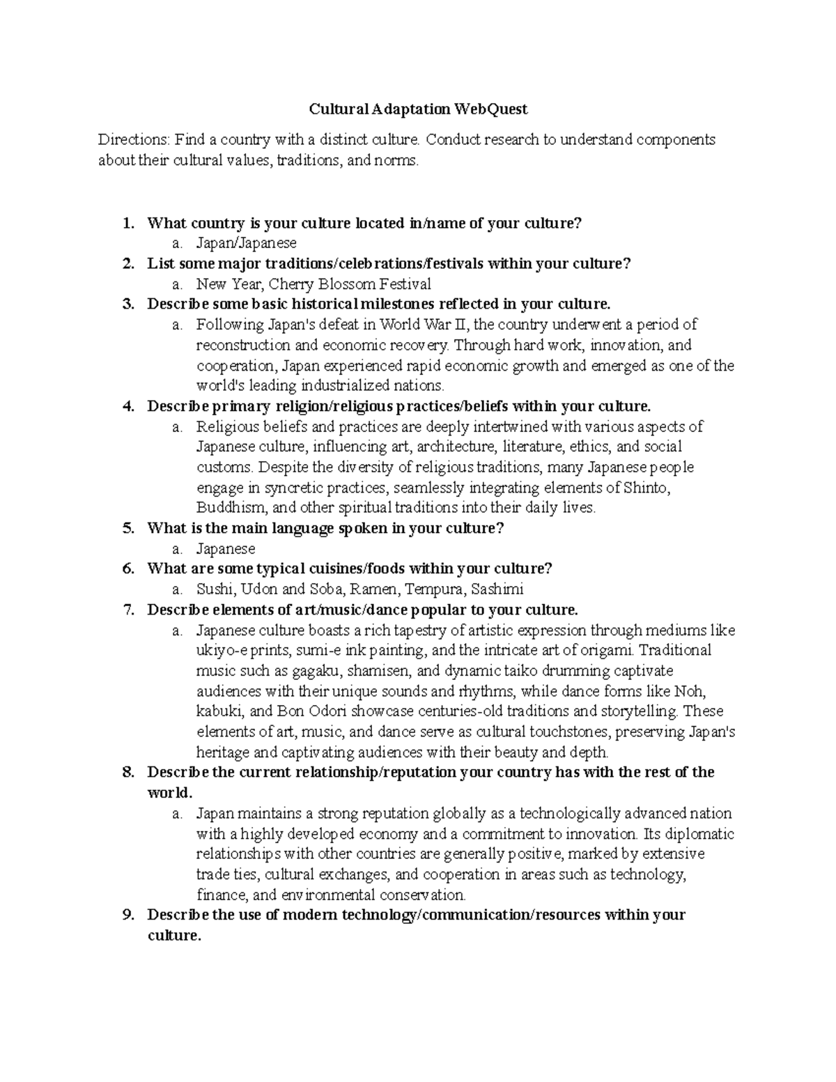 Webquest - classwork - Cultural Adaptation WebQuest Directions: Find a ...