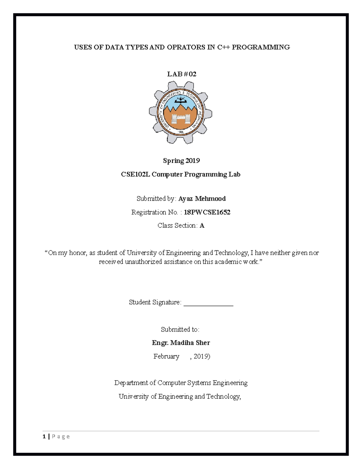 Lab 2 - Lab reports - USES OF DATA TYPES AND OPRATORS IN C++ ...