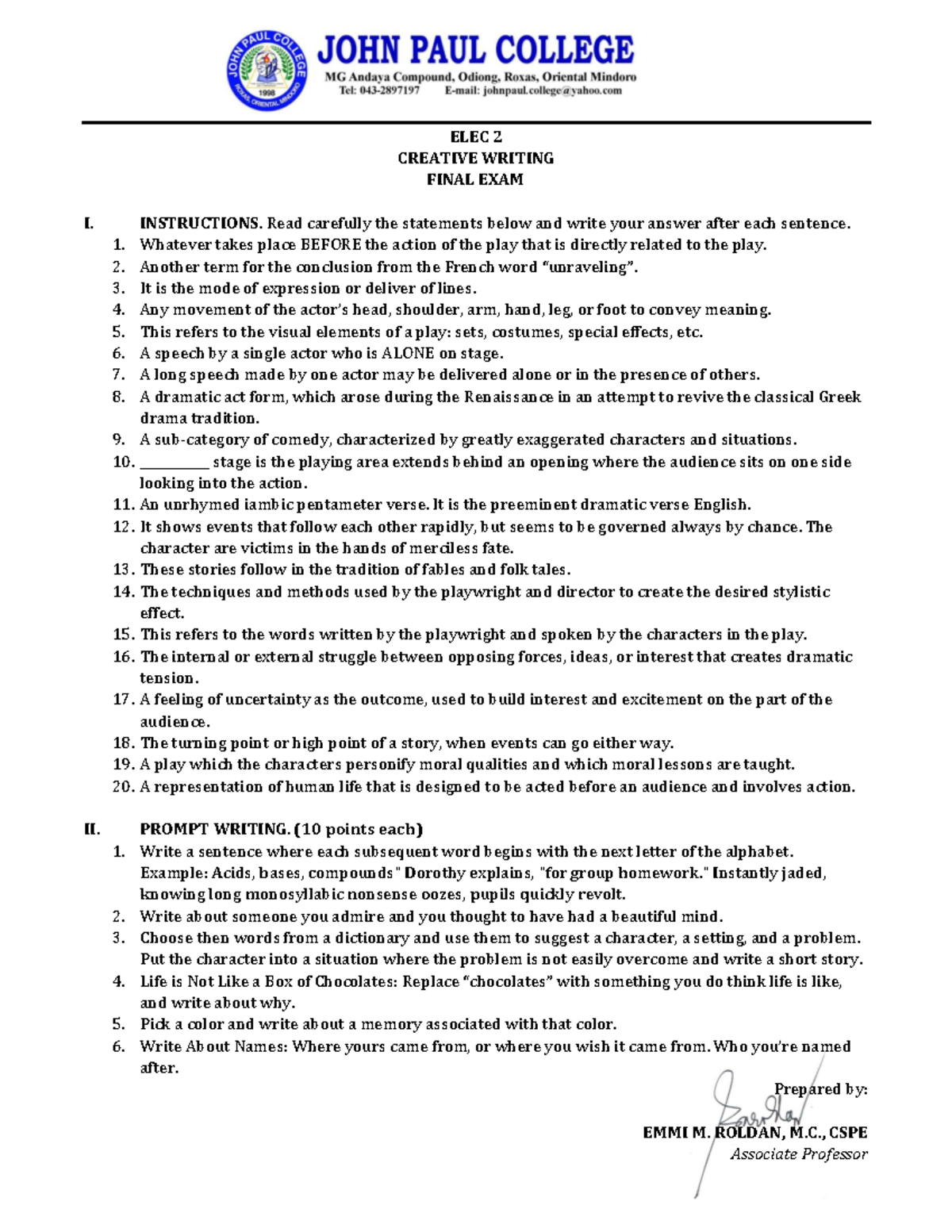 Final Exam - Ms. Emz Roldan - ELEC 2 CREATIVE WRITING FINAL EXAM I ...