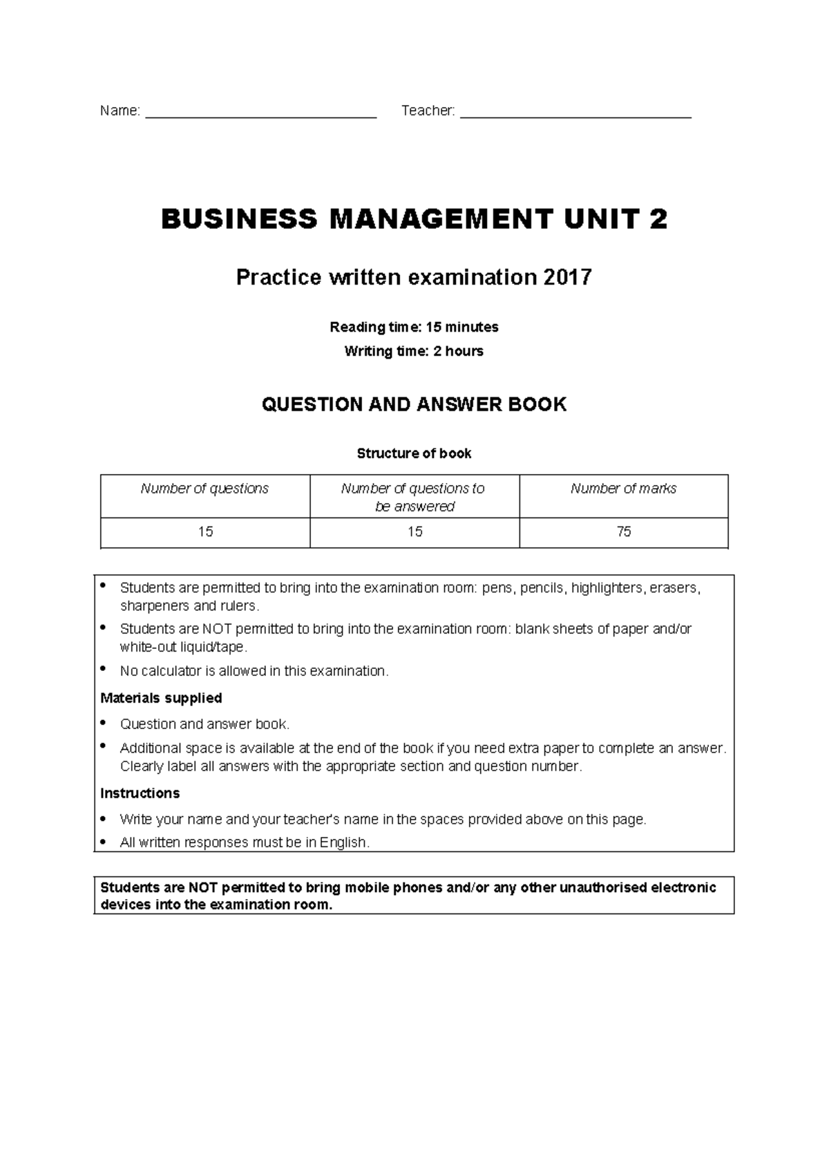 2017 exam question booklet - Name ...