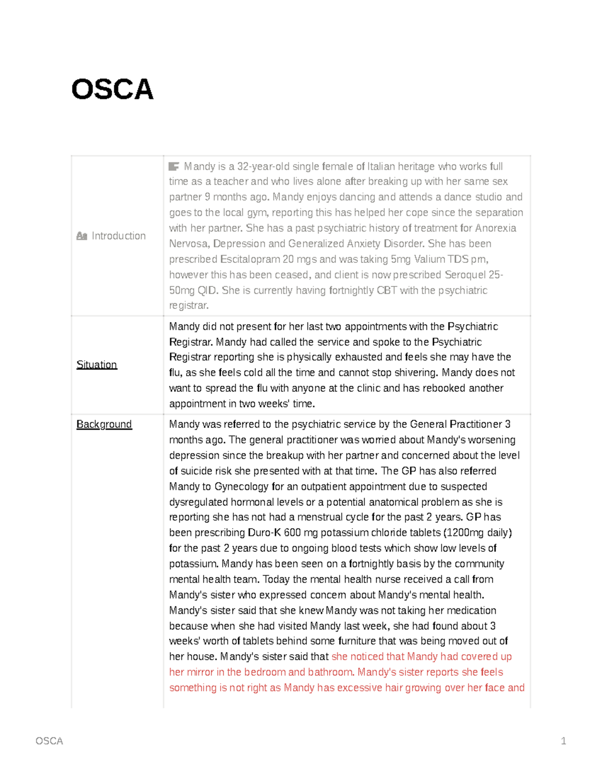 OSCA - Osca - OSCA Introduction Mandy is a 32-year-old single female of ...