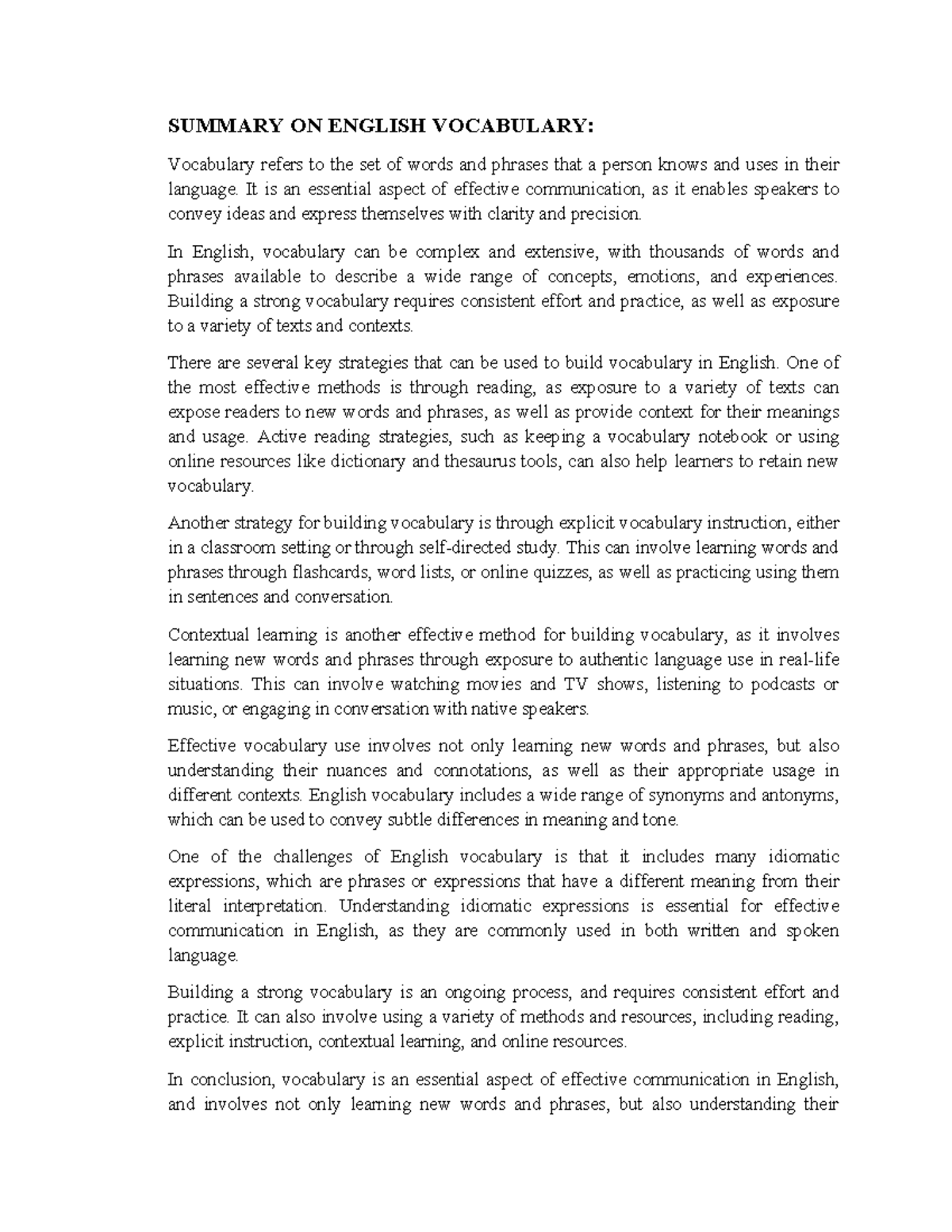 Summary ON English Vocabulary SUMMARY ON ENGLISH VOCABULARY