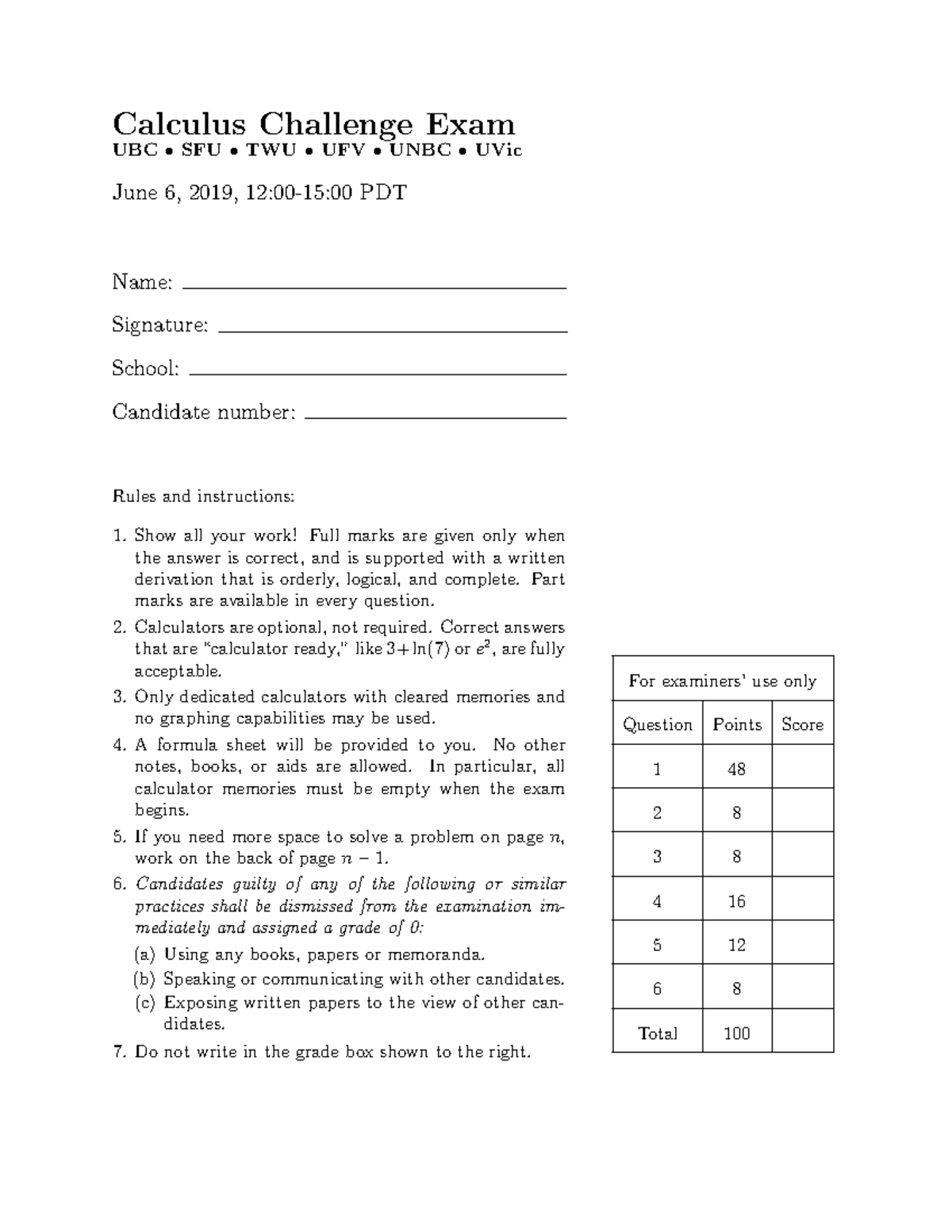 Calculus Challenge Exam UBC SFU TWU UFV UNBC UVic June 6 2019 - Studocu
