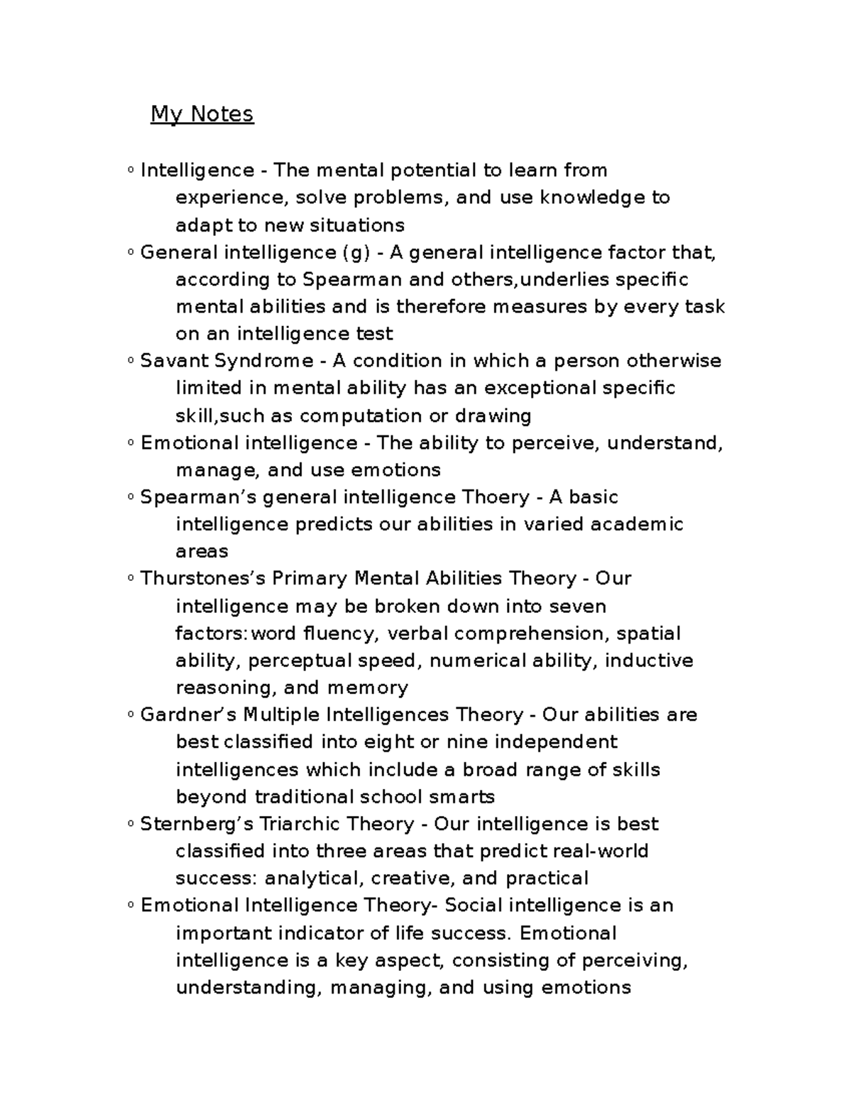 Intelligence - Lecture notes 1 - My Notes Intelligence - The mental ...