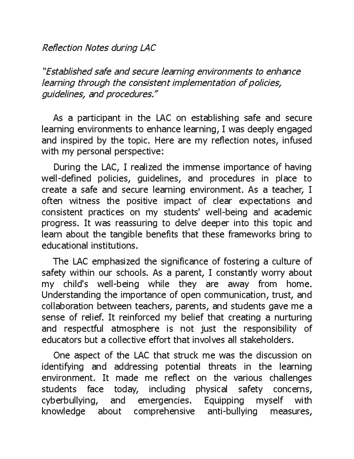 Reflection Notes during LAC - Reflection Notes during LAC “Established ...