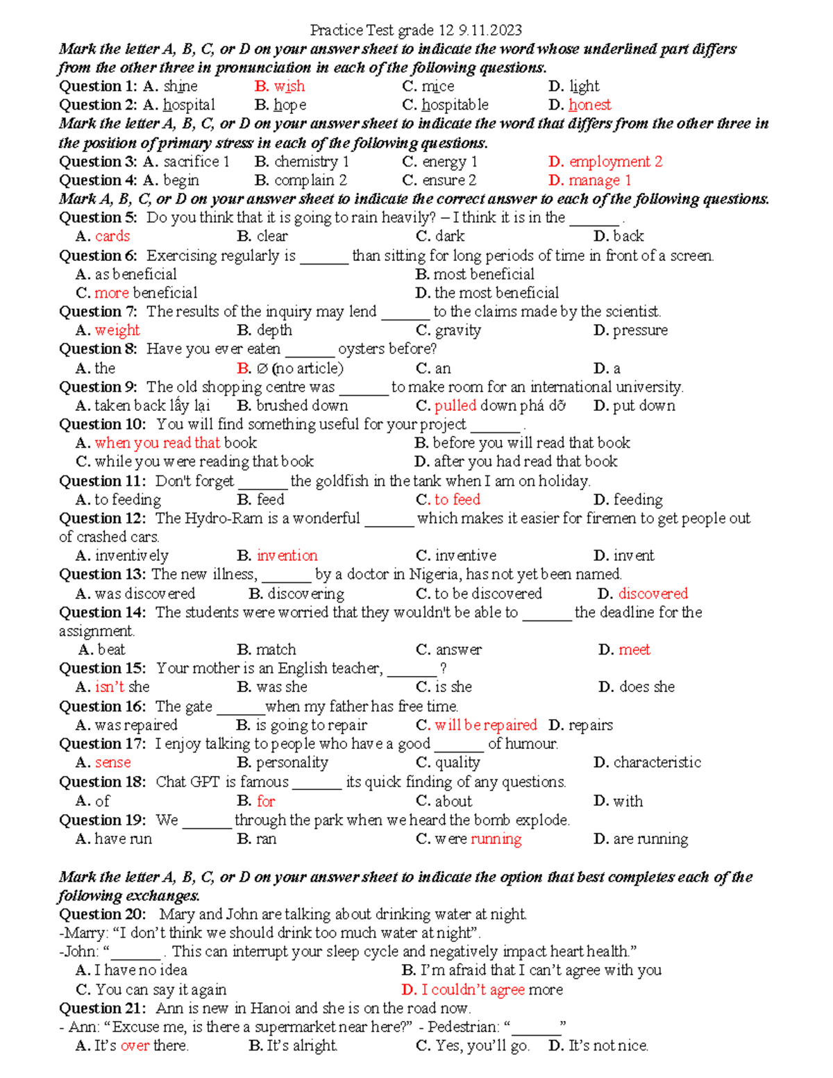 Practice Test grade 12 9 - Practice Test grade 12 9. Mark the letter A ...