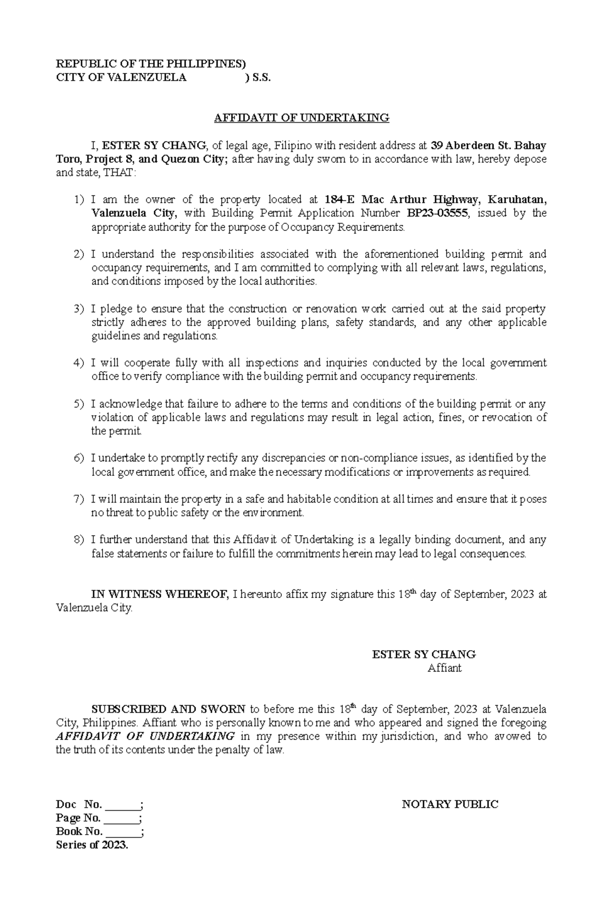 Affidavit of Undertaking - REPUBLIC OF THE PHILIPPINES) CITY OF VALENZUELA ) S. AFFIDAVIT OF ...