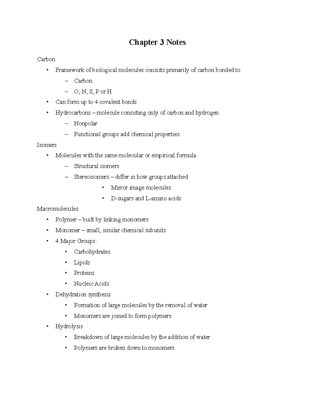 General Biology Chapter 3 - Chapter 3 Notes Carbon - Framework of ...