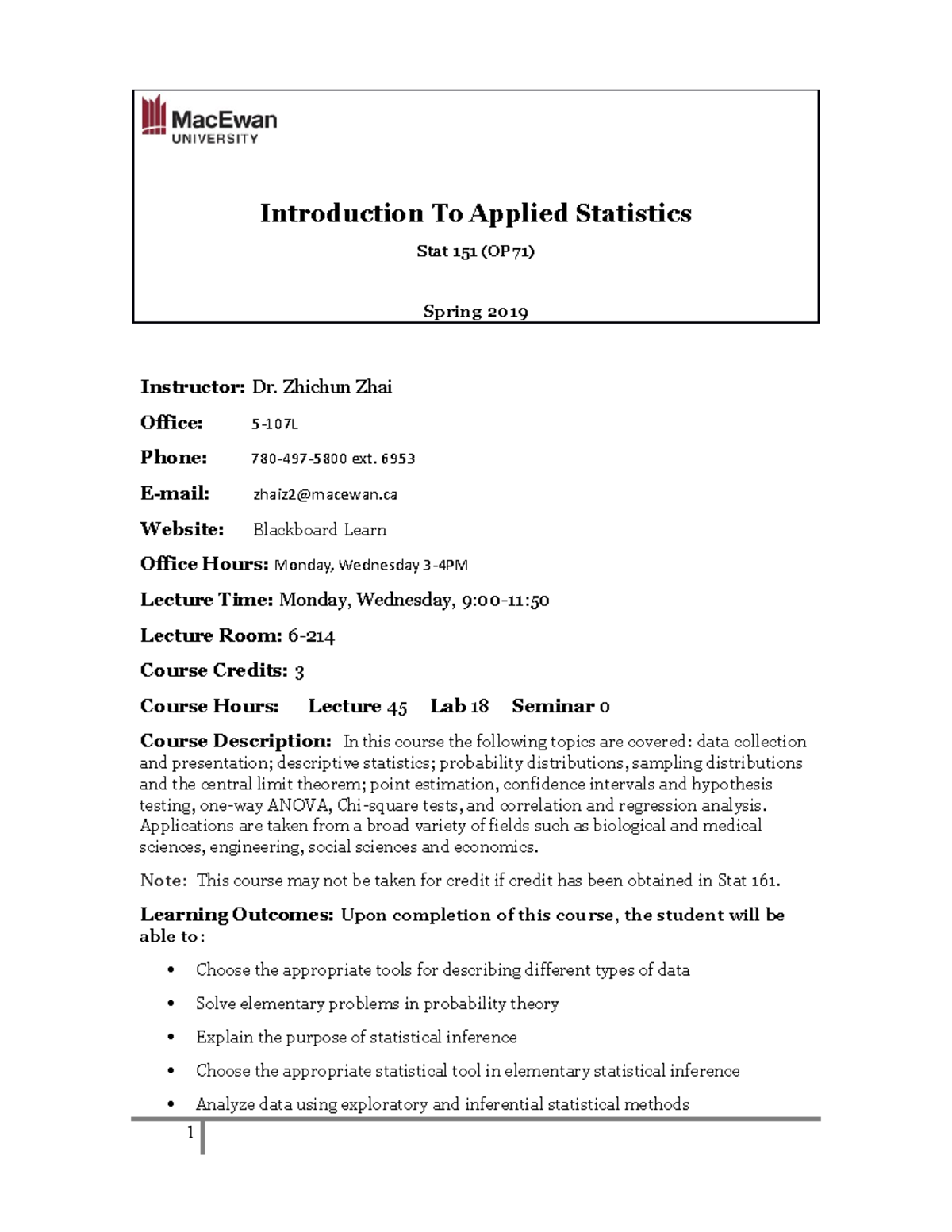 Stat151 Outline Op71 Spring 2019 Zhichun Zhai 2 1 Introduction To Applied Statistics Stat