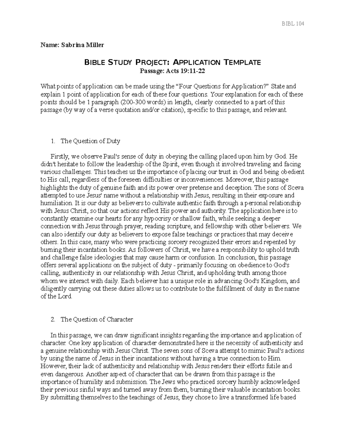 BIBL104 Bible Study Project Application - BIBL 104 Name: Sabrina Miller BIBLE STUDY PROJECT ...