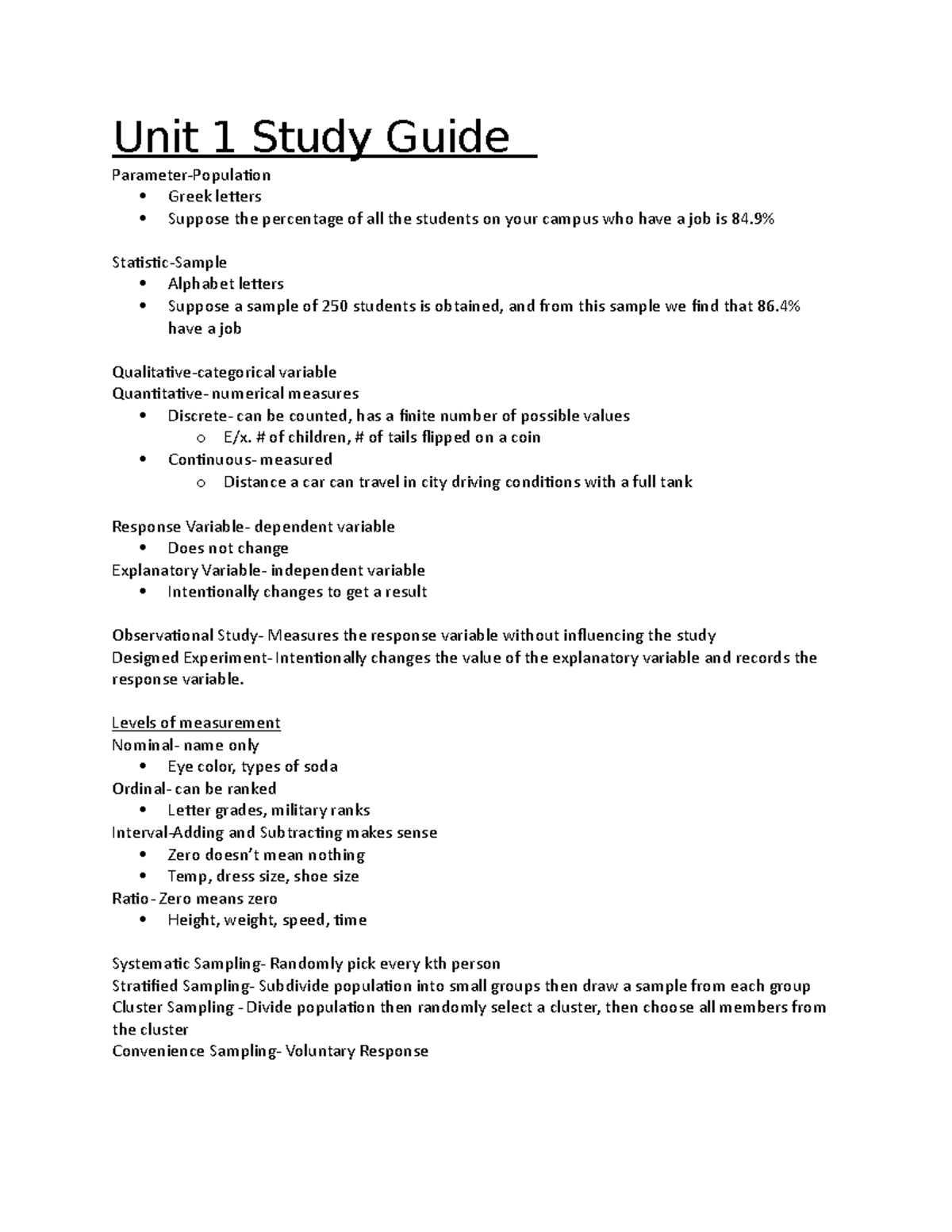Statistics Unit 1 Study Guide - Unit 1 Study Guide Parameter-Population ...