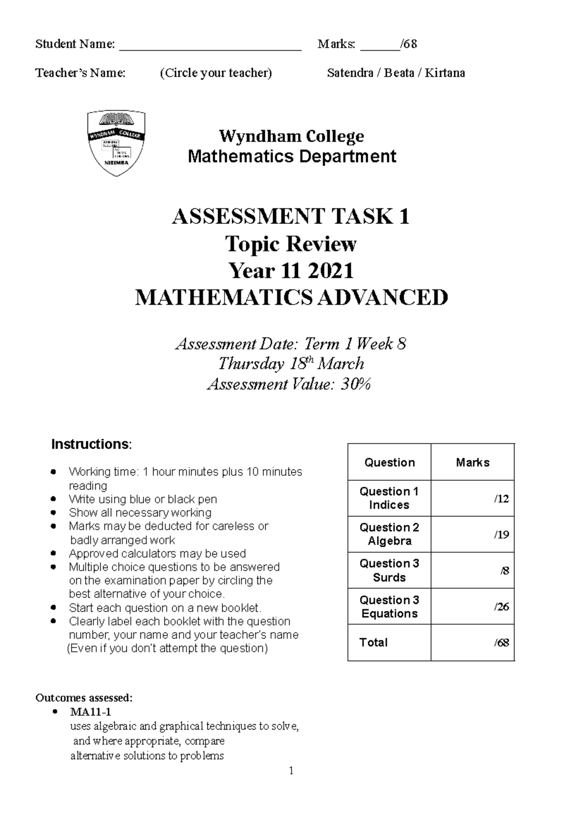 2021 Year 11 Mathematics Advanced Task 1A - ####### Student Name