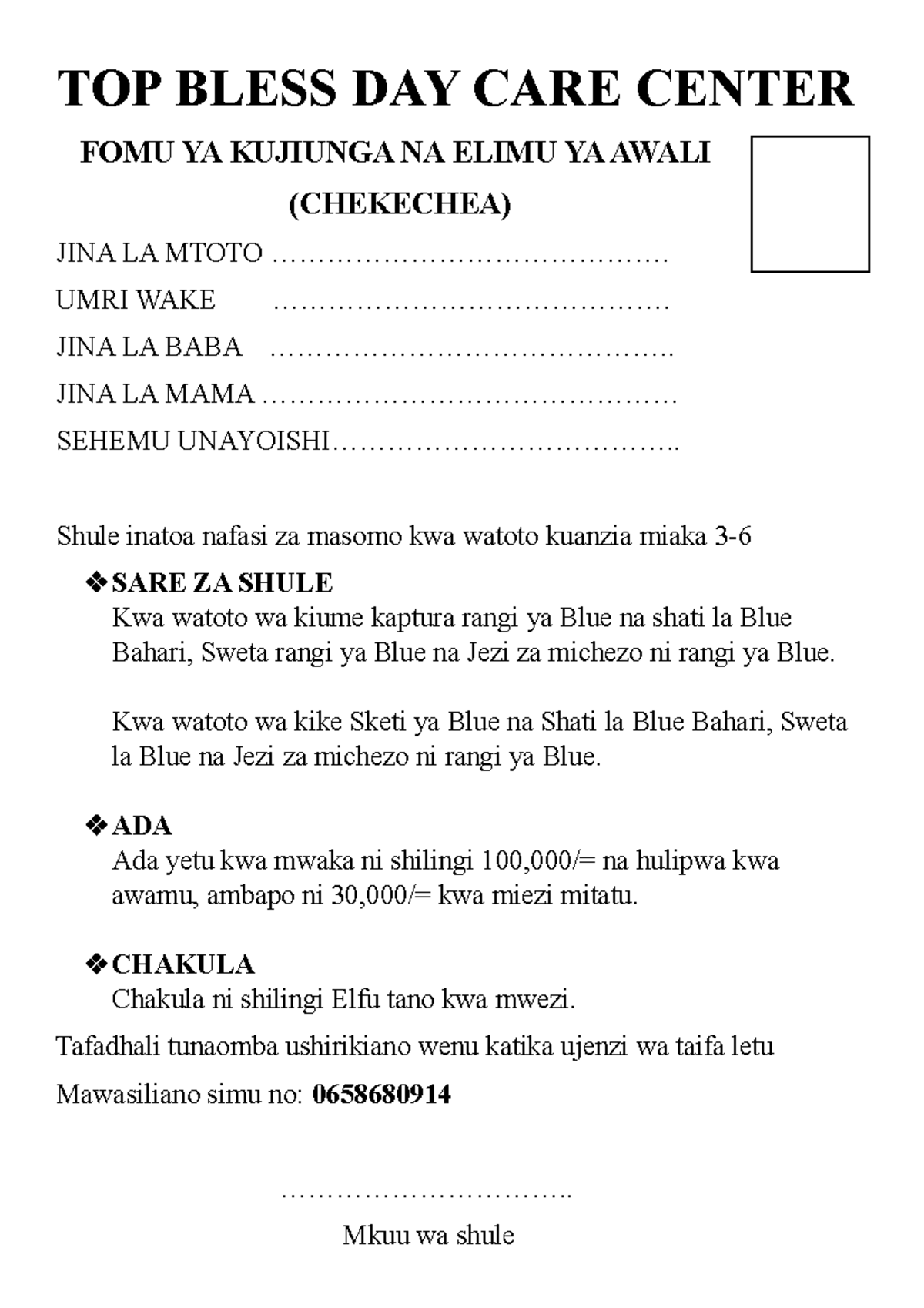 TOP Bless DAY CARE - TOP BLESS DAY CARE CENTER FOMU YA KUJIUNGA NA ...