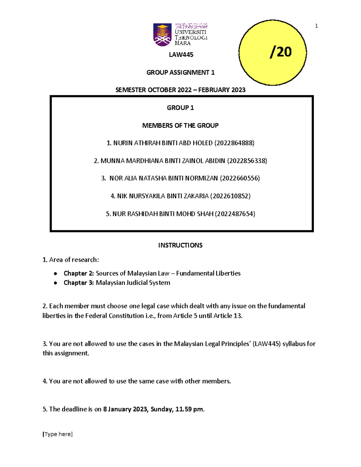 Group 1 2281A LAW445 check - LAW GROUP ASSIGNMENT 1 SEMESTER OCTOBER ...