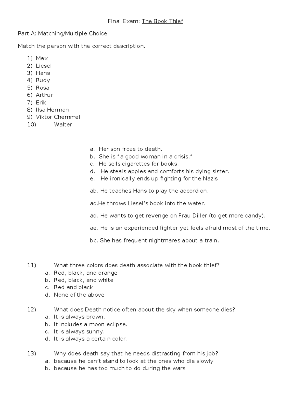 Demofinaltest 2predocx - Final Exam: The Book Thief Part A: Matching ...
