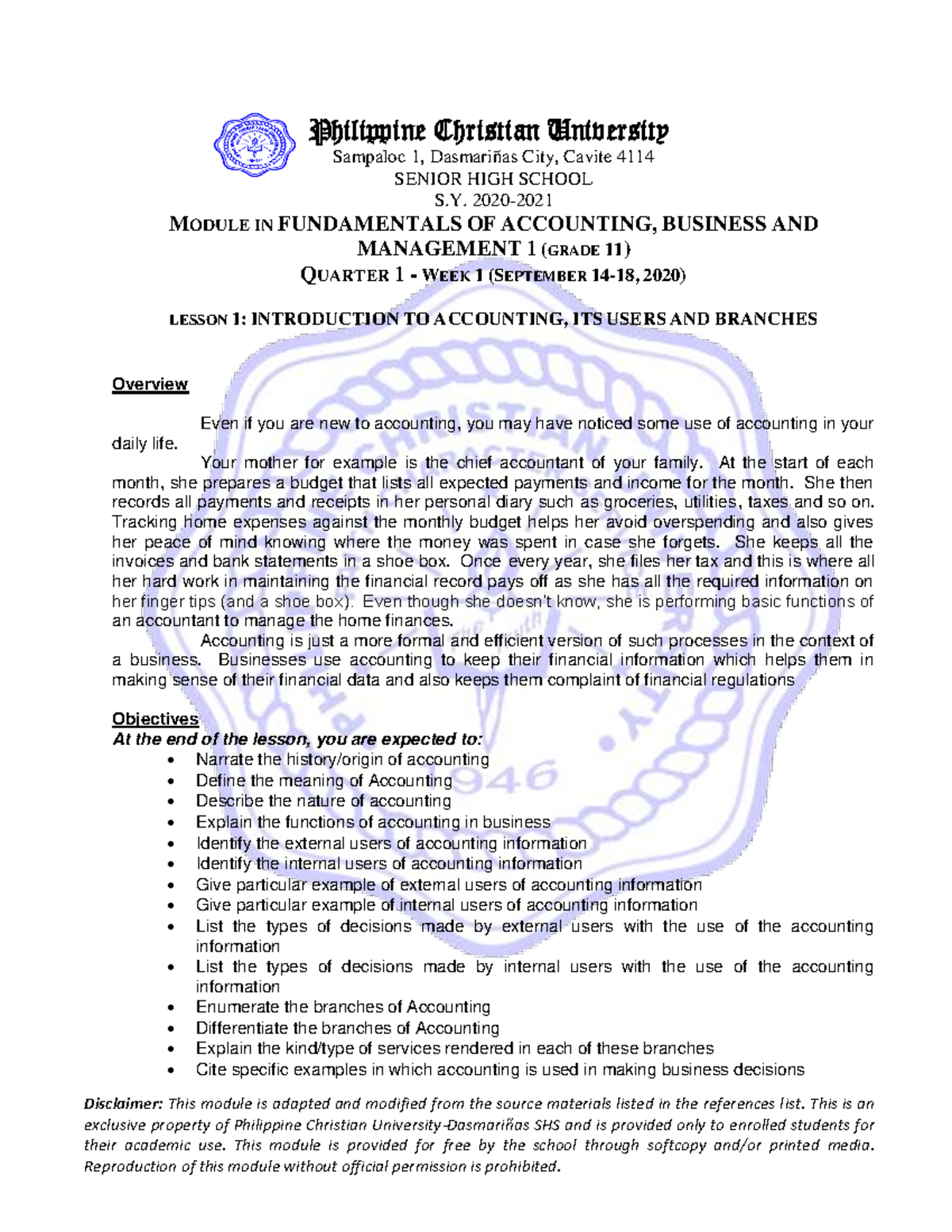 FA1- Module-WK1 - Lecture notes Introduction to Accounting, Its Users ...
