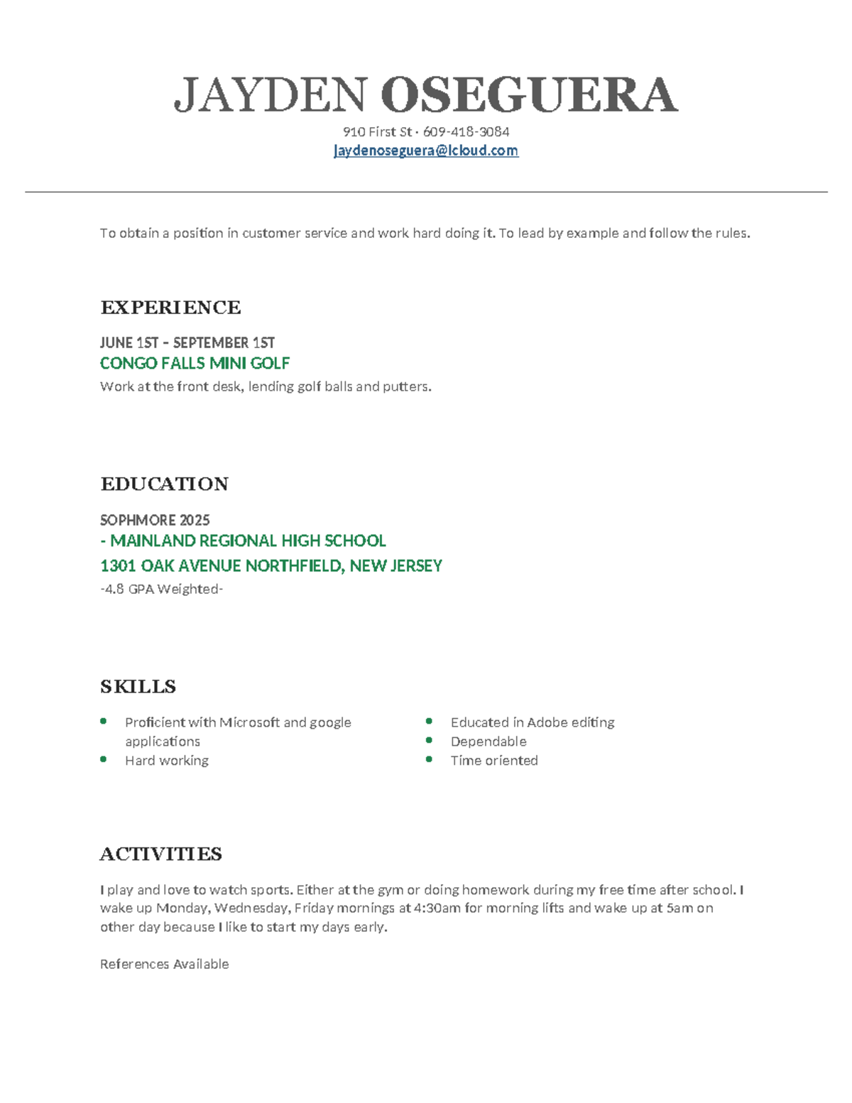 Resume - JAYDEN OSEGUERA 910 First St · 609-418- jaydenoseguera@icloud ...