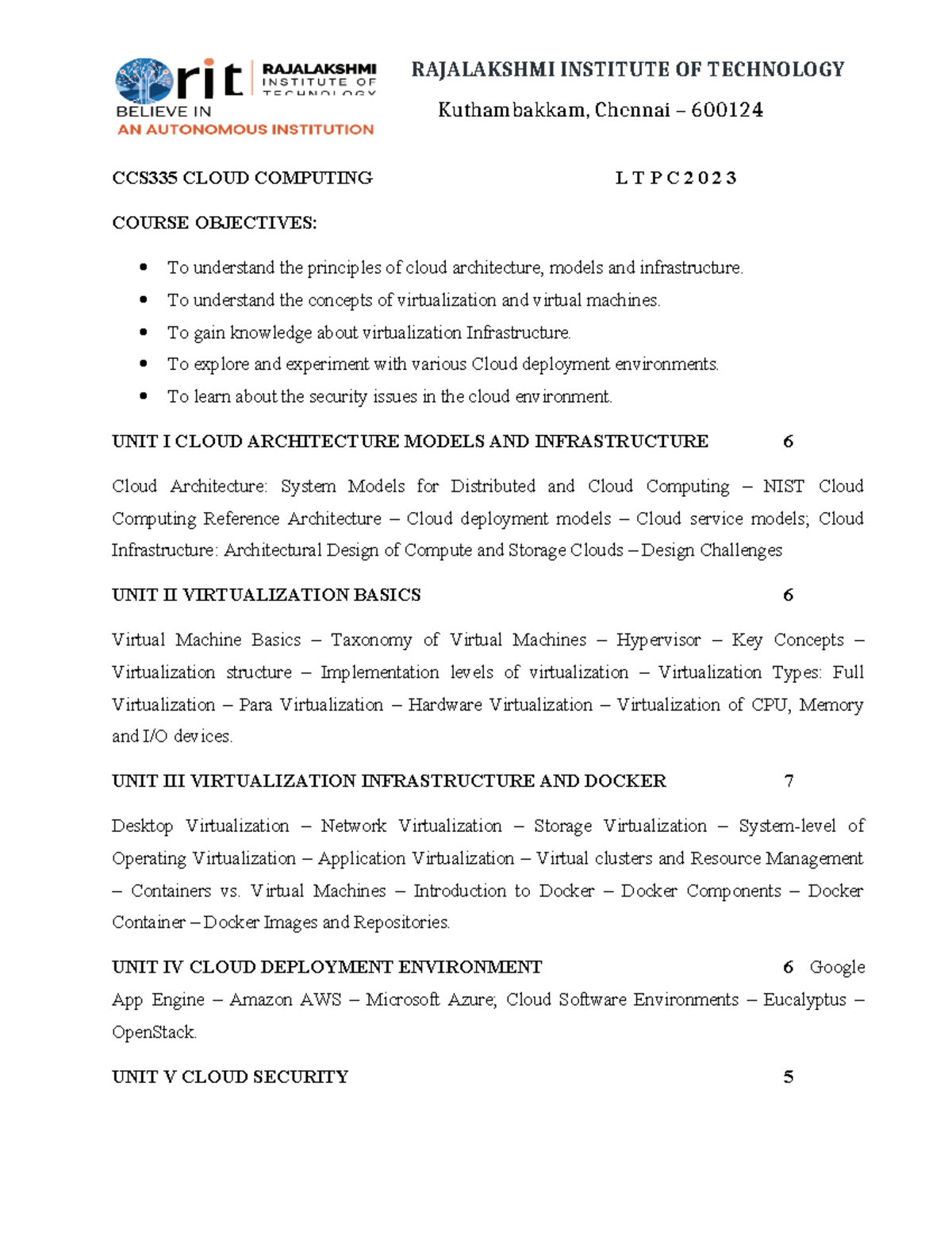 CCS335 Cloud Computing syllabus - RAJALAKSHMI INSTITUTE OF TECHNOLOGY ...