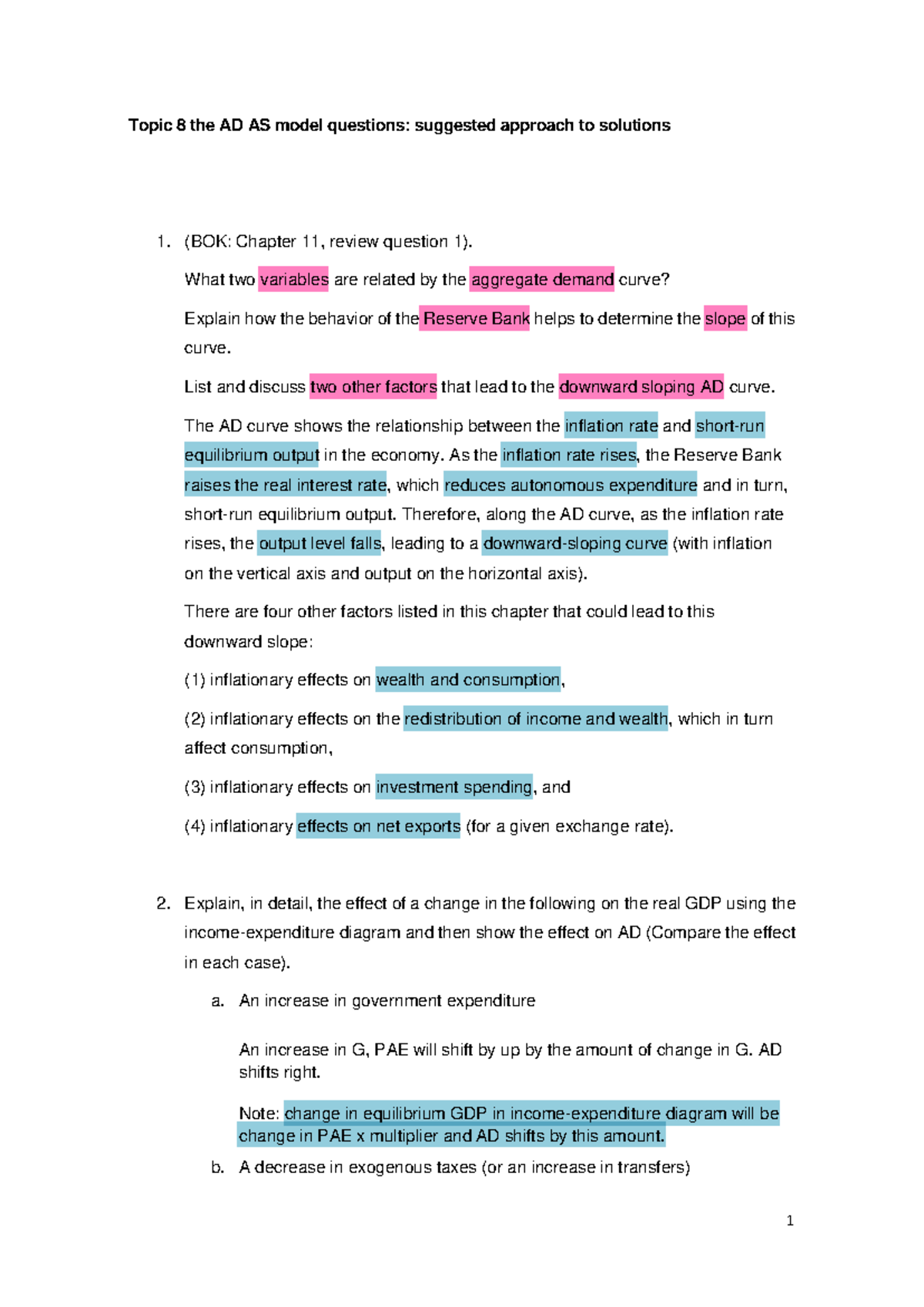 Topic 8 solutions - Topic 8 the AD AS model questions: suggested approach to solutions (BOK ...