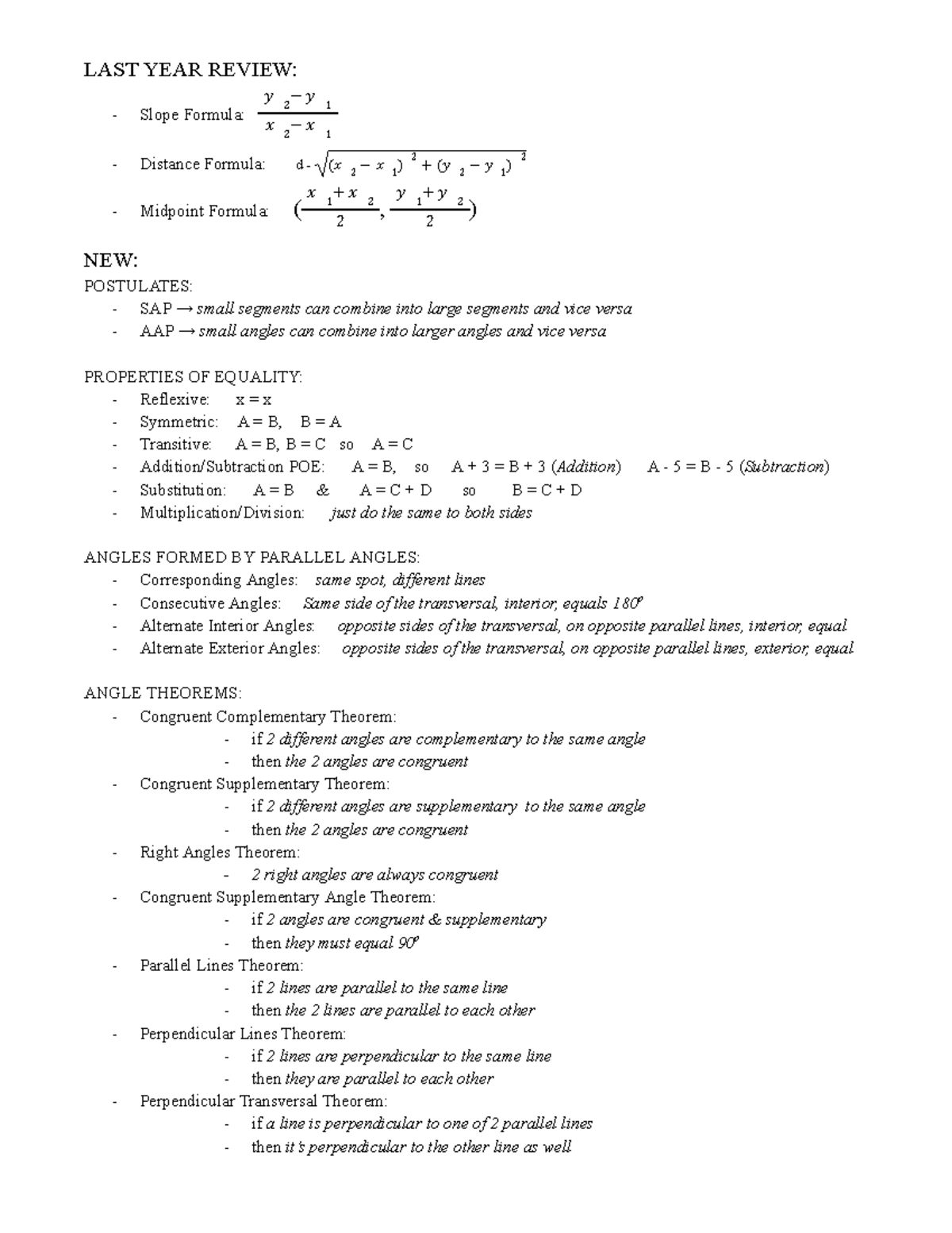 Geometry Cheat Sheet - LAST YEAR REVIEW: - Slope Formula: 𝑦 2 − 𝑦 1 𝑥 2 ...