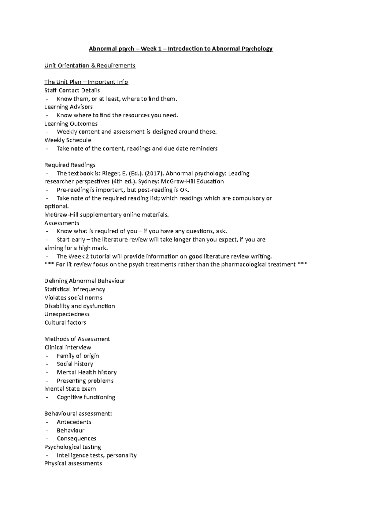 Week 1 Abnormal Psych Intro copy - Abnormal psych – Week 1 ...