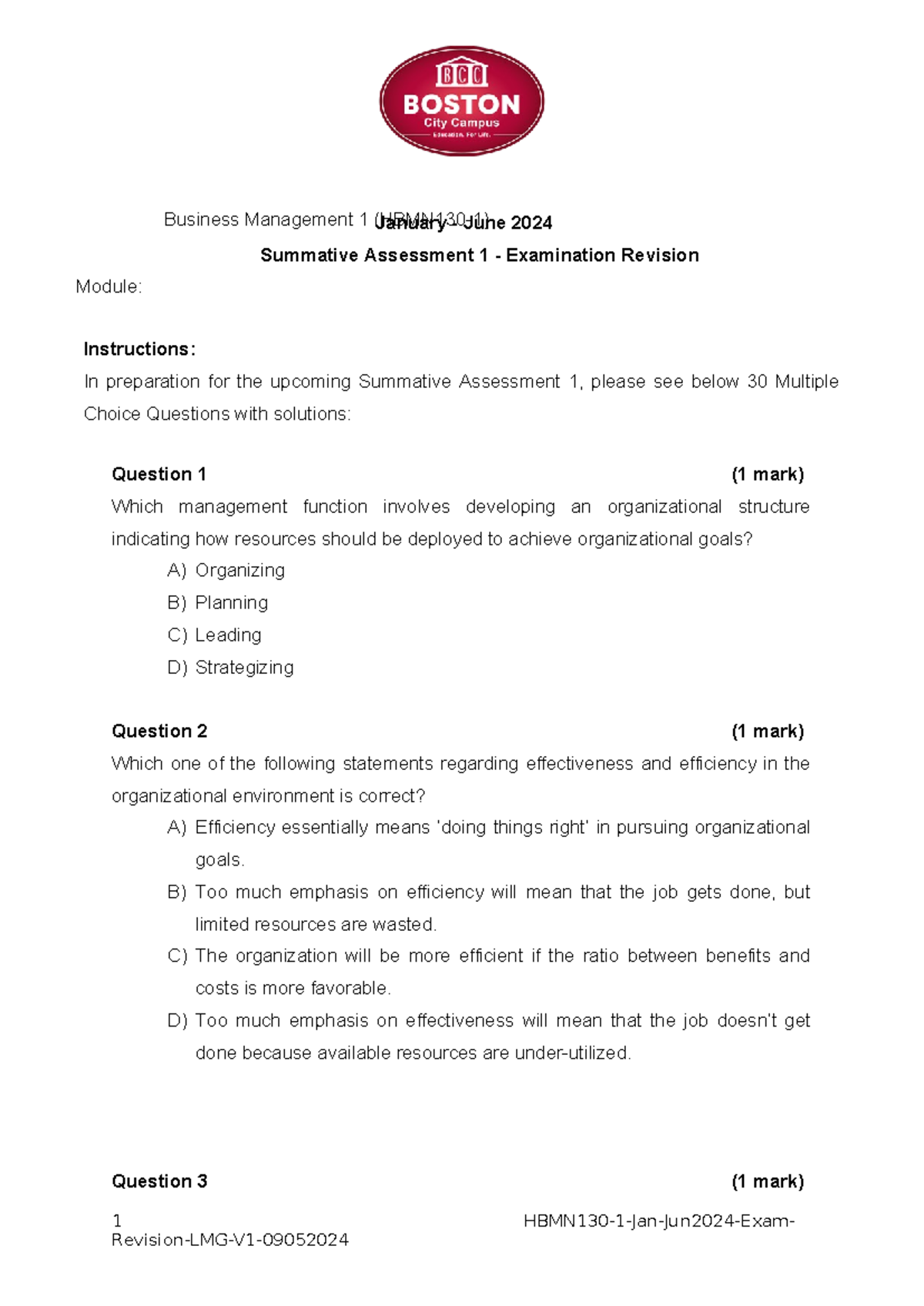 HBMN130 1 Jan Jun2024 Exam Revision Questions LMG V1 09052024 - Module ...