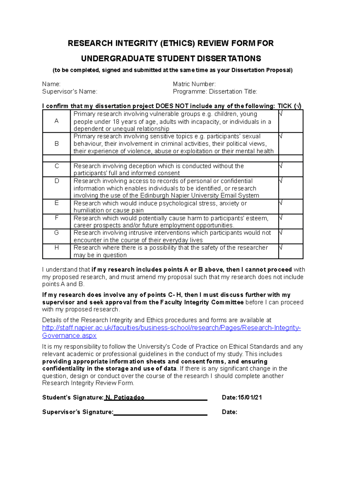 Research Integrity FORM - RESEARCH INTEGRITY (ETHICS) REVIEW FORM FOR ...