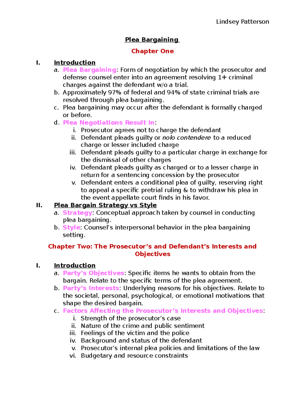 Class Notes - Lindsey Patterson Plea Bargaining Chapter One I ...