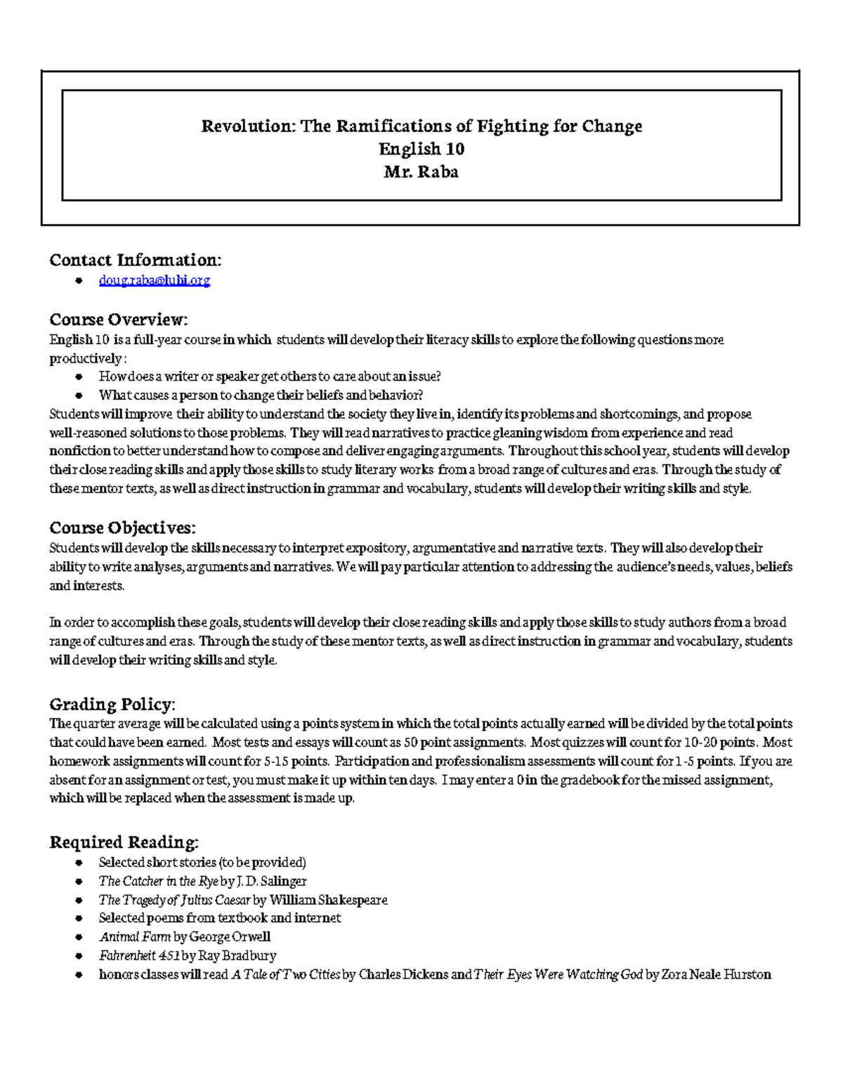 English-10-Syllabus - njk - Revolution: The Ramifications of Fighting ...