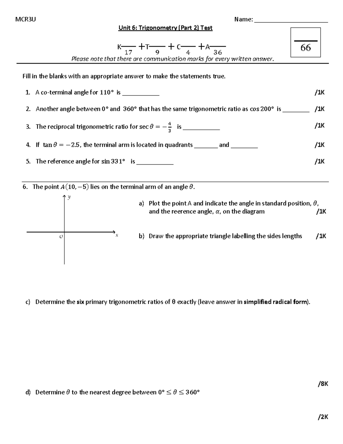 Test 8 - Trigonometry (Part 2) - MCR3U Name ...