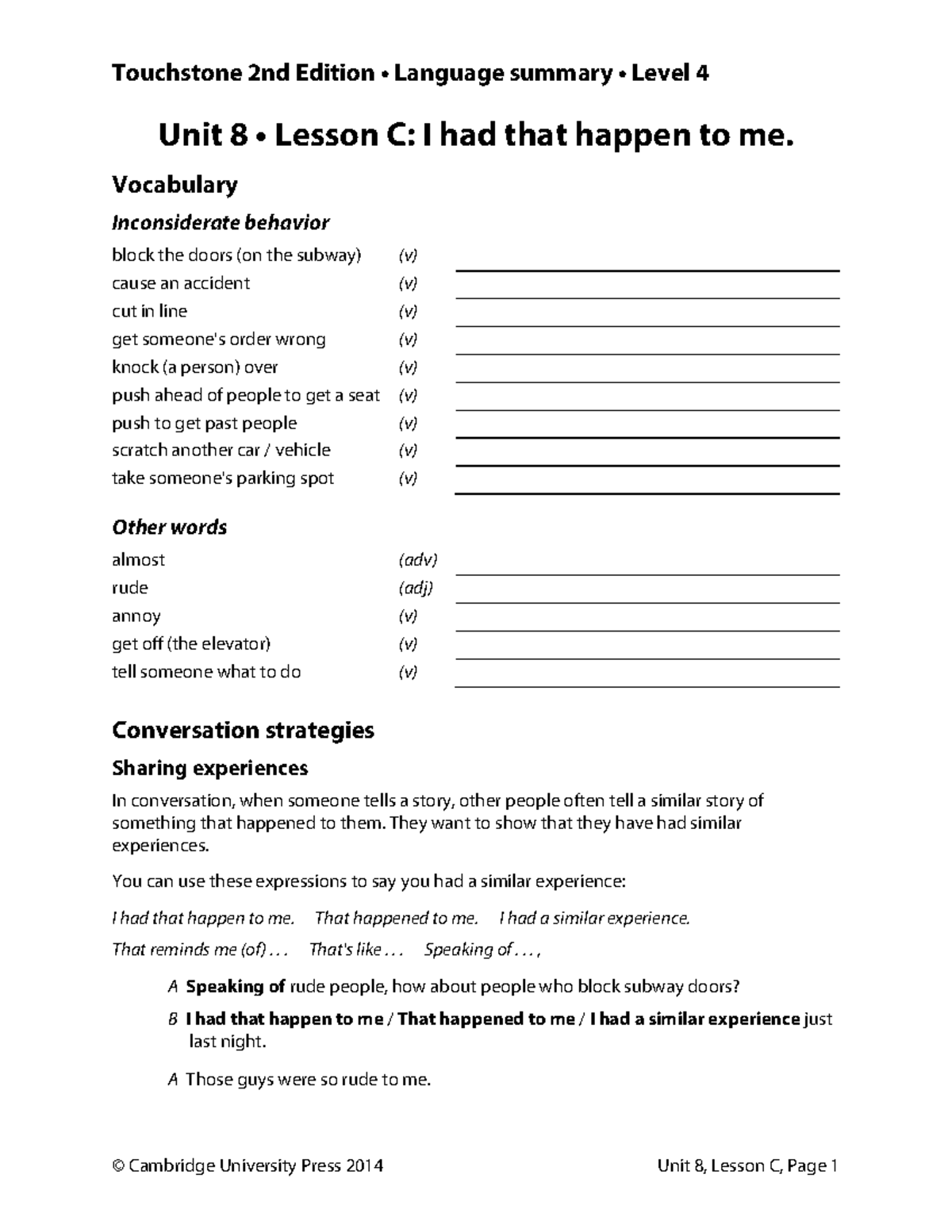 TS2e L4 U8 LC Langsum - Notas para lectura - Touchstone 2nd Edition • Language summary • Level 4 ...