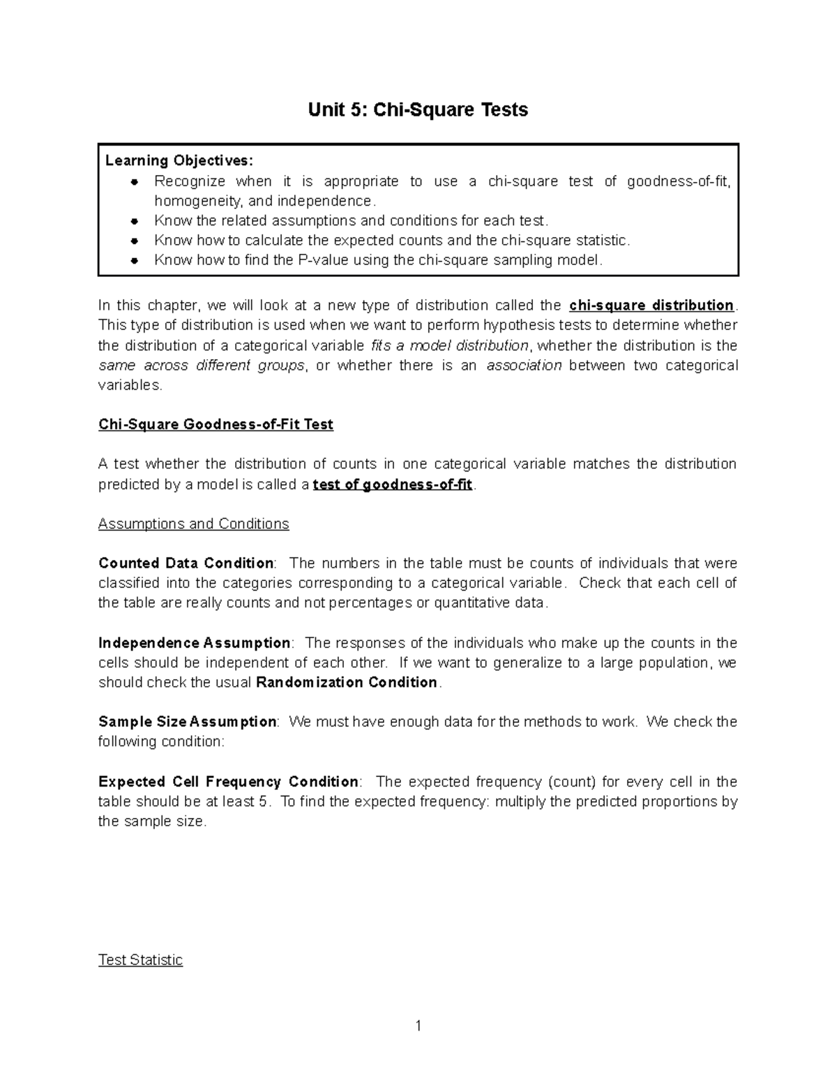 Unit 5 Chi-Square Tests - Unit 5: Chi-Square Tests Learning Objectives ...
