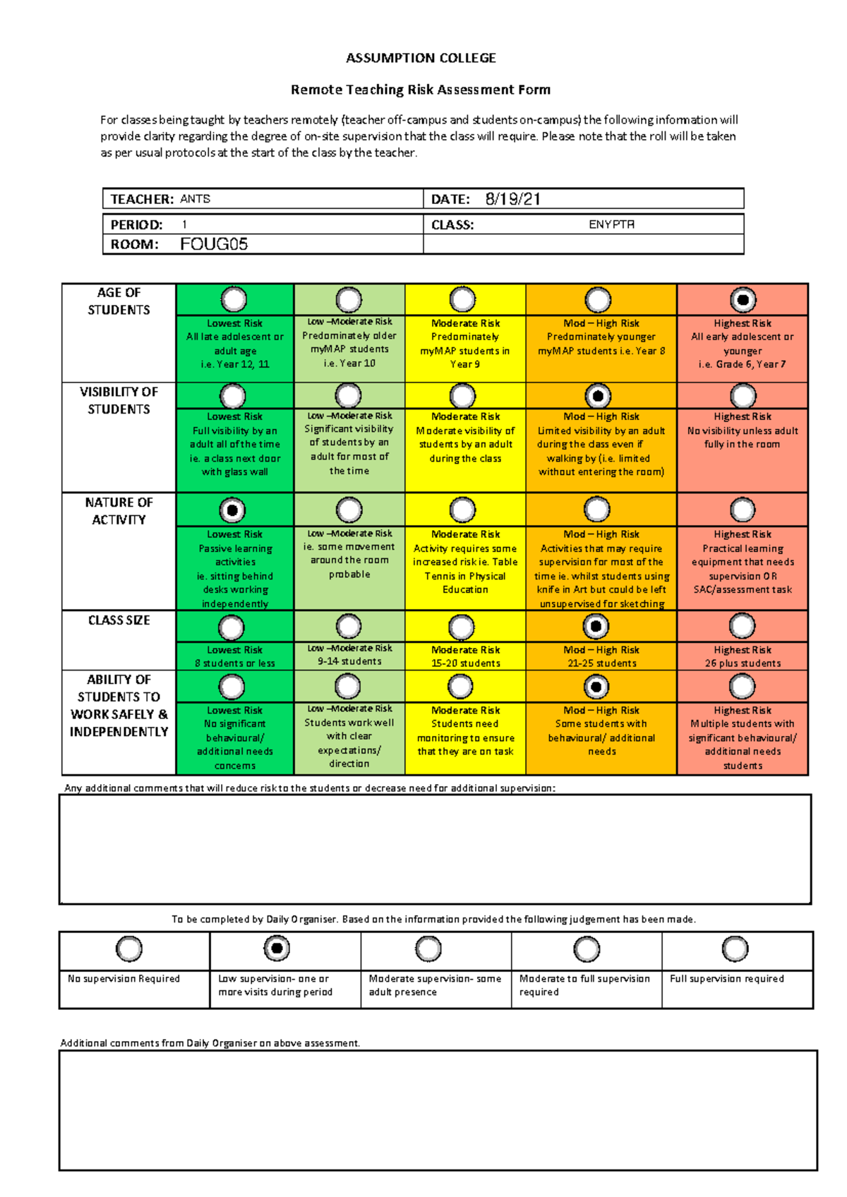 DAY 9 - sfty - Remote Teaching Risk Assessment Form For classes being ...