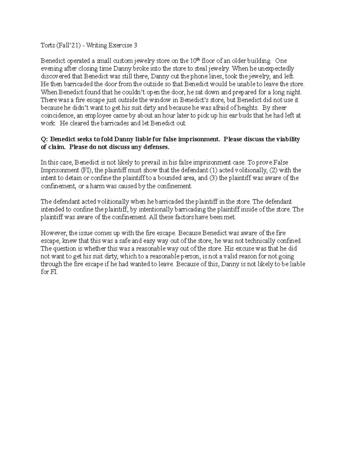 False Imprisonment - Writing Exercise 3 - (FI)(Fall '21) - Torts (Fall’21) - Writing Exercise 3 ...