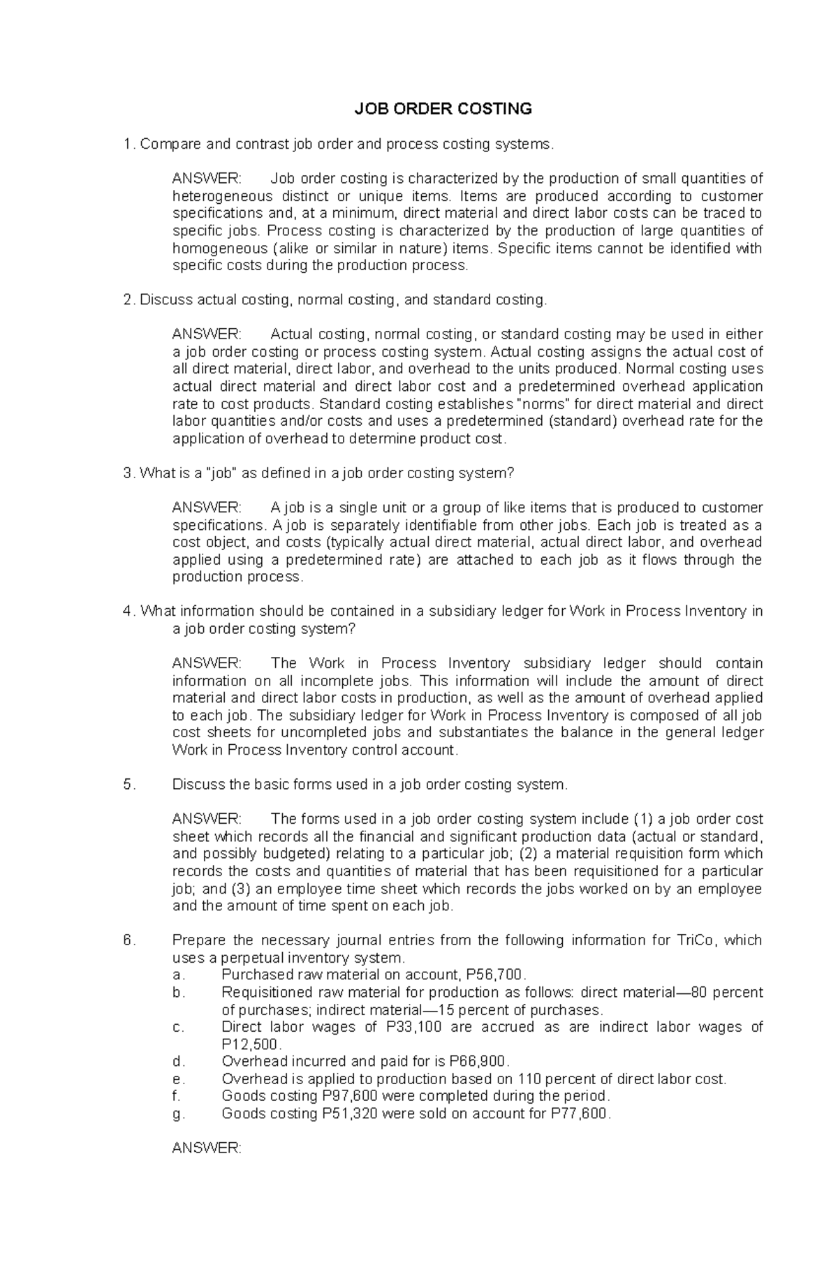 Pdfcoffee - n/a - JOB ORDER COSTING Compare and contrast job order and process costing systems ...