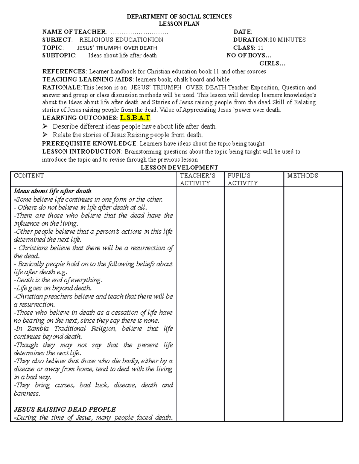 G 11. Jesus Triump OVER Death - DEPARTMENT OF SOCIAL SCIENCES LESSON ...
