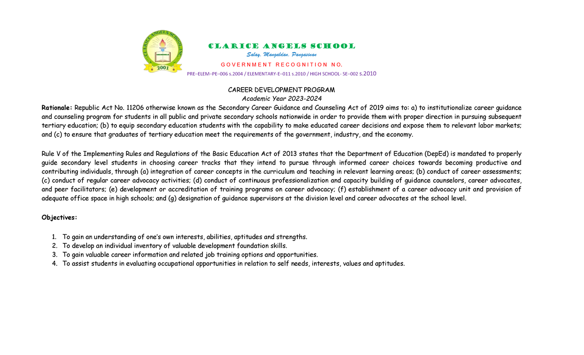 Career Development Program SY 2023 2024 - CLARICE ANGELS SCHOOL Salay ...