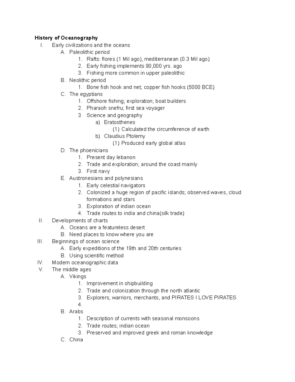 Oceanography notes - History of Oceanography I. Early civilizations and ...