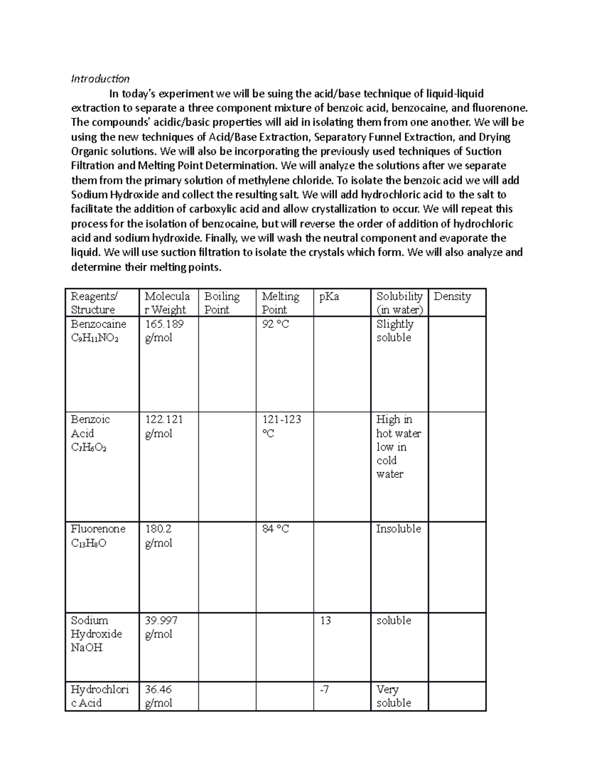 Ochem pre lab 4 - Introduction In today’s experiment we will be suing ...