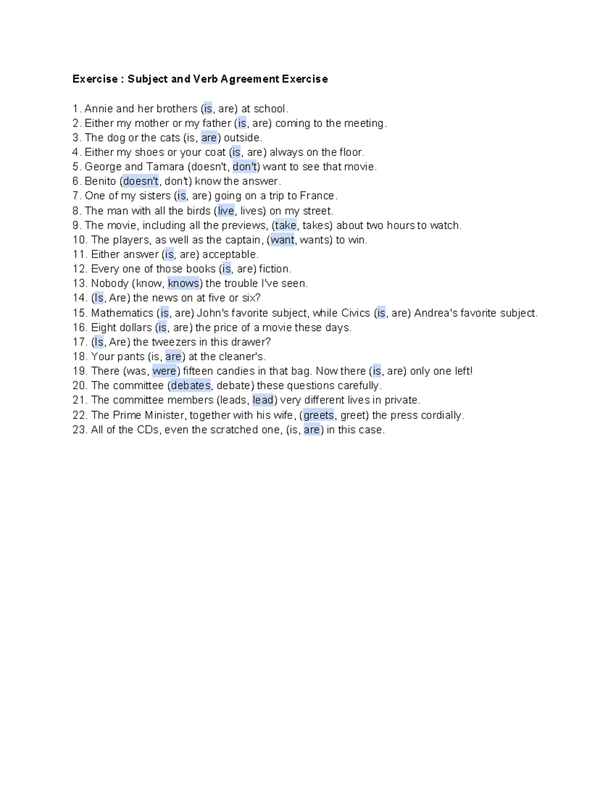 Exercise - Subject and Verb Agreement Exercise - Either my mother or my ...